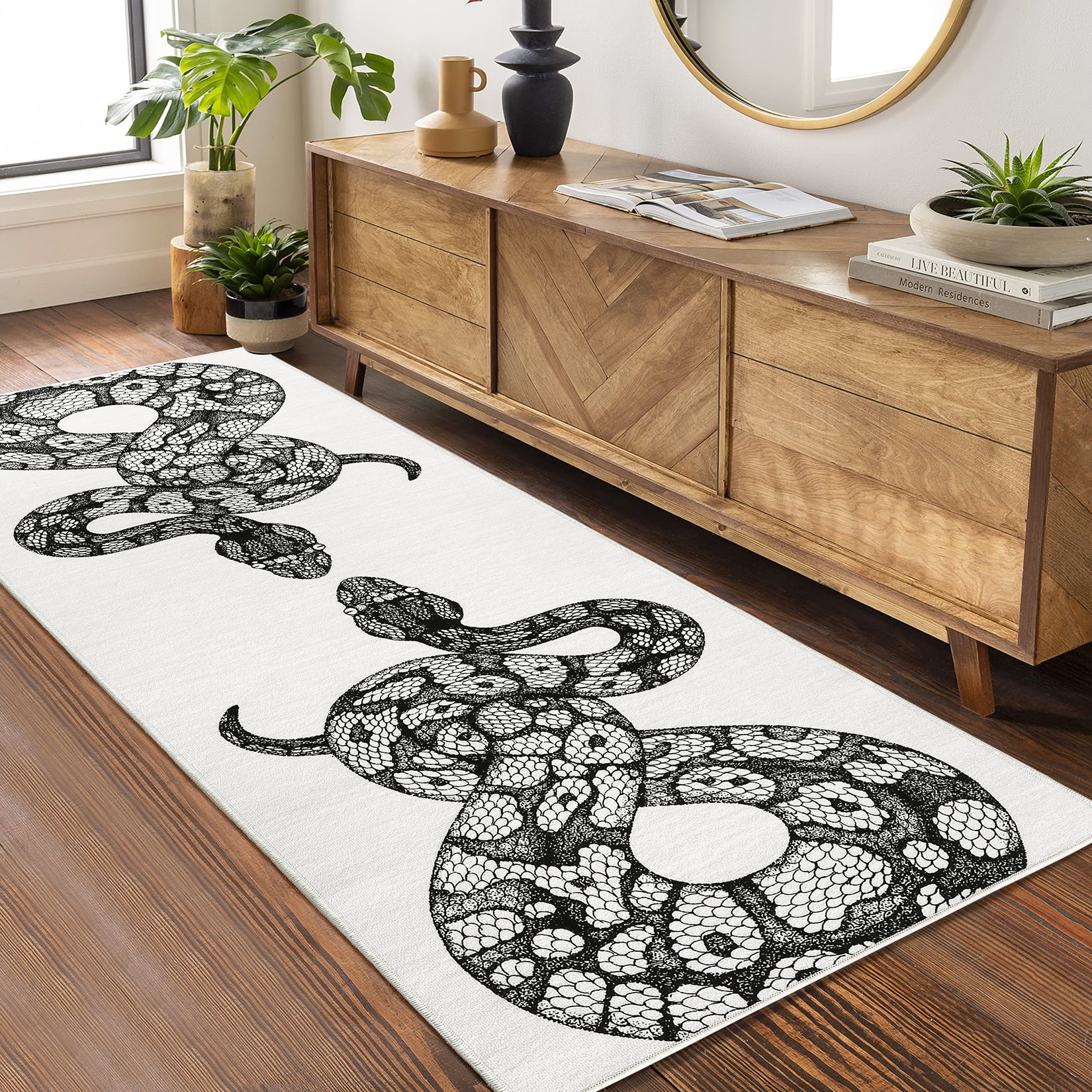GlowSol 2'x6' Black White Snake Runner Rug Modern Aesthetic Rug with ...