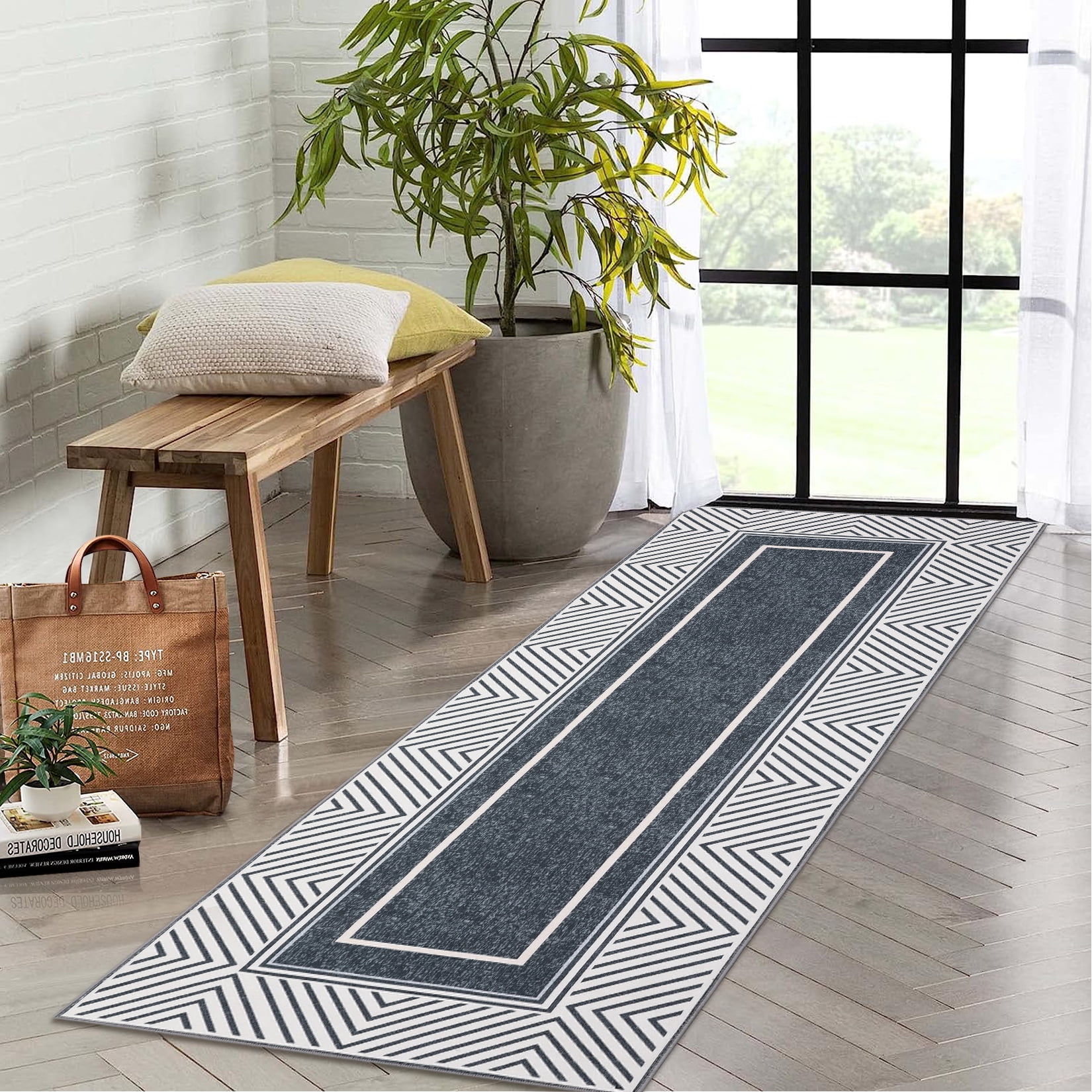 GlowSol 2'x6' Modern Bordered Runner Rug Washable Bedside Rug Runners ...