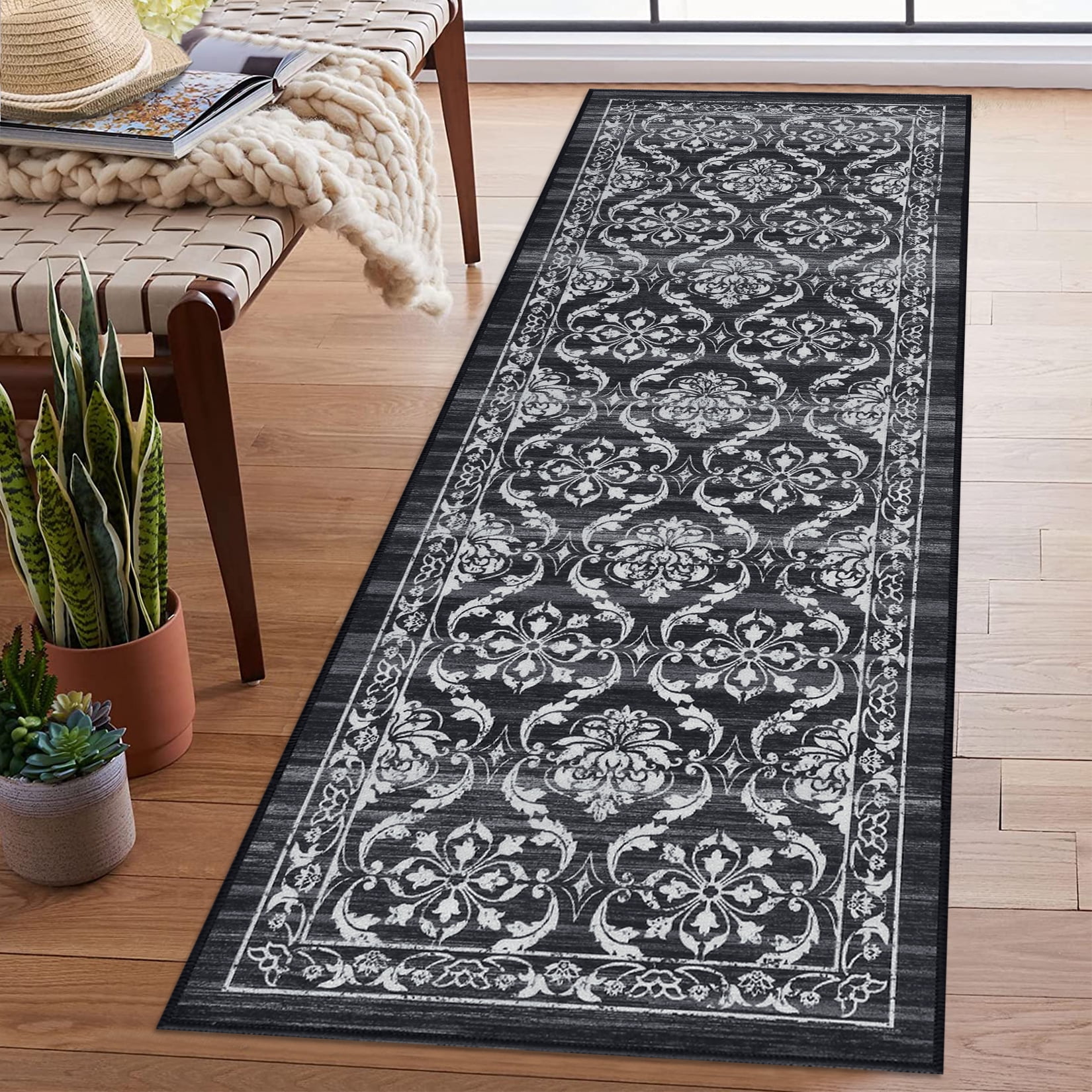GlowSol 2x6 Hallway Runner Rug Vintage Farmhouse Floral Print Rug Machine Washable Rug Low Pile ...