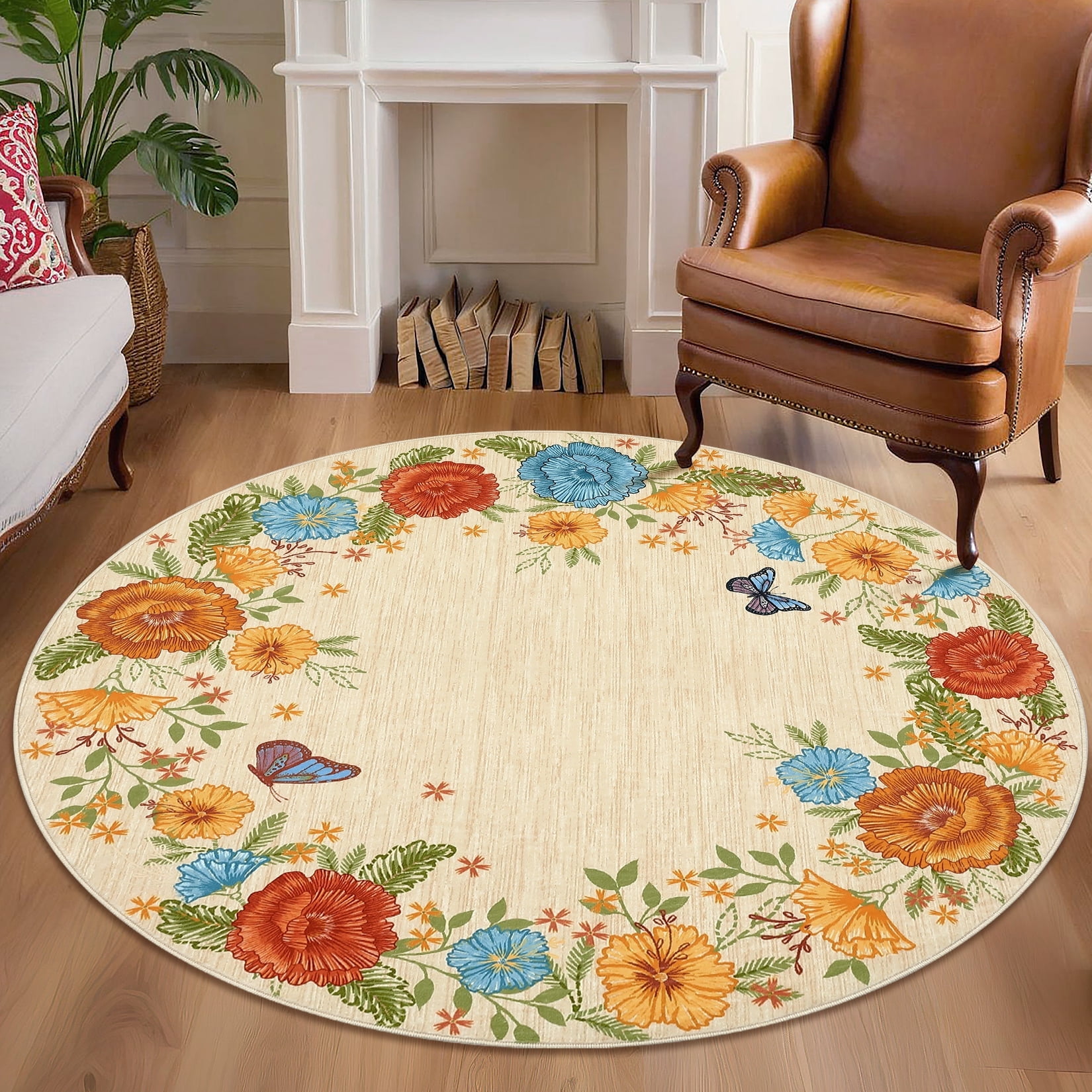 GlowSol 4' Round Floral Area Rug Modern Circle Area Rug Indoor Soft ...
