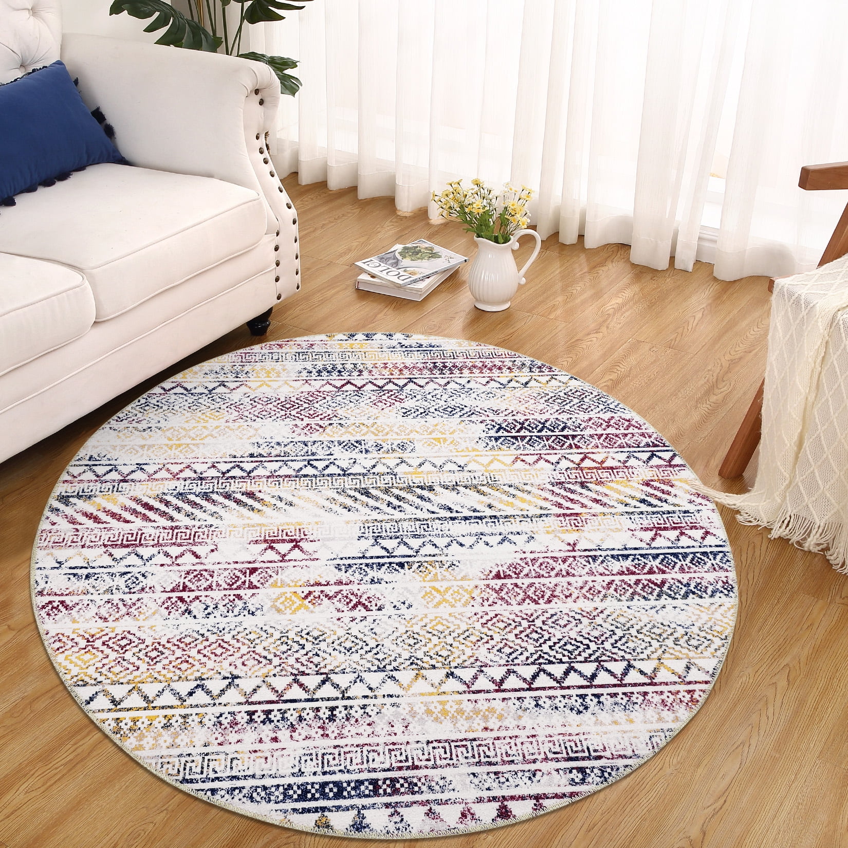 GlowSol 4' x 4' Boho Moroccan Circle Area Rug Modern Geometric Round ...