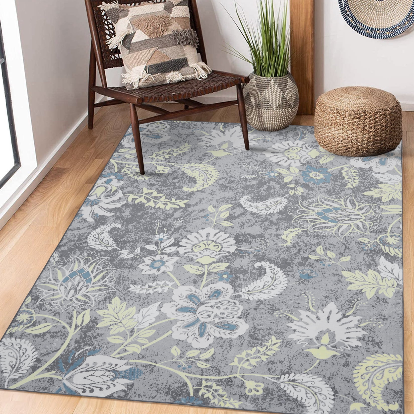 GlowSol Washable Gray Floral Area Rug, 4' x 6', Low Pile, Foldable ...