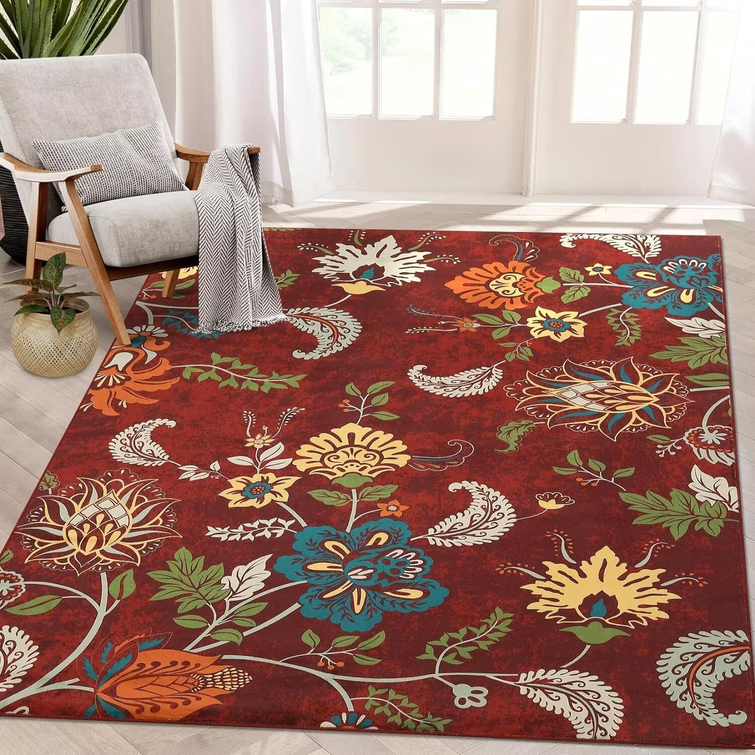 GlowSol 4' x 6' Red Area Rug Farmhouse Floral Pattern Rug Low Pile Non ...