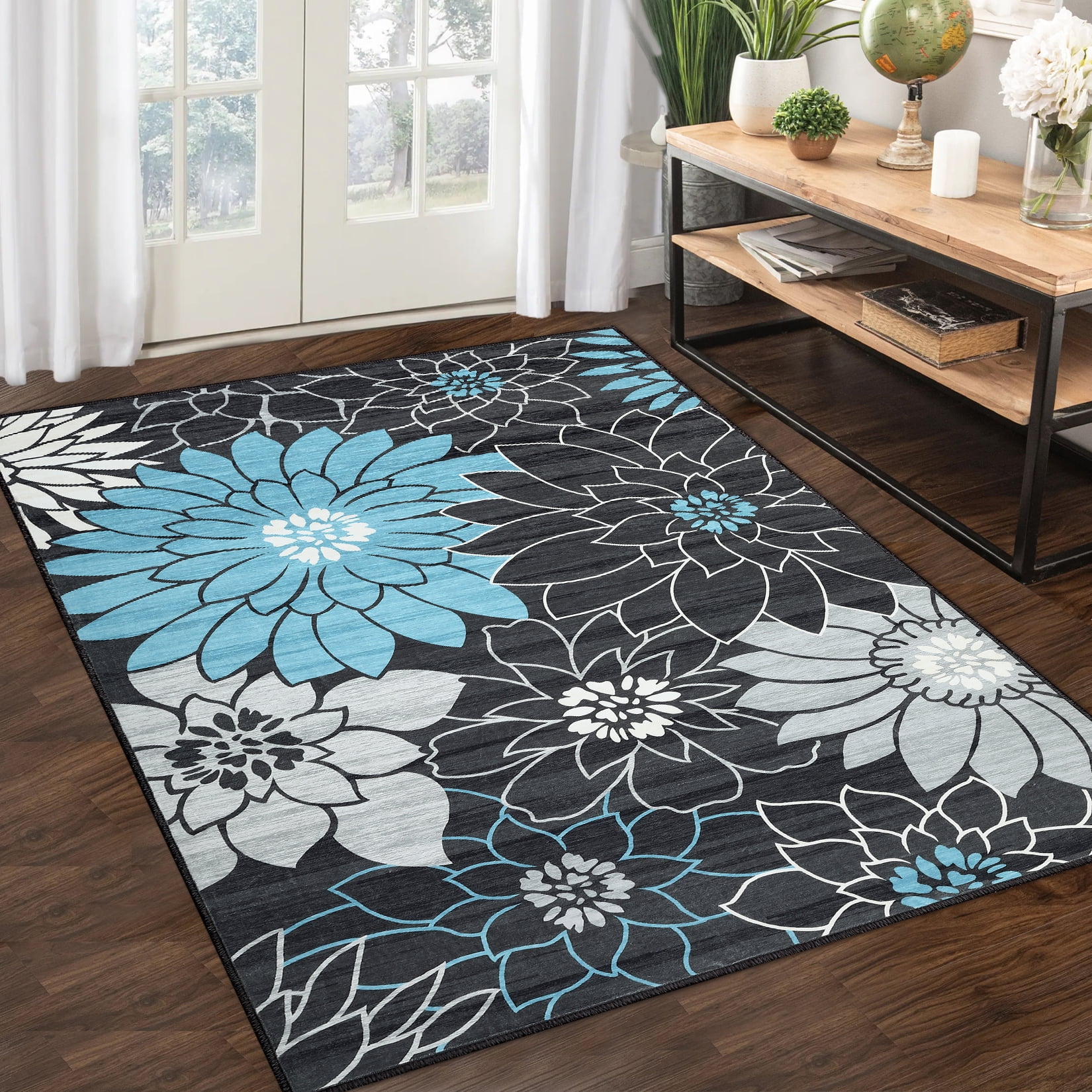 GlowSol 4x6 Floral Rug Modern Washable Area Rug Soft Non Slip Non ...