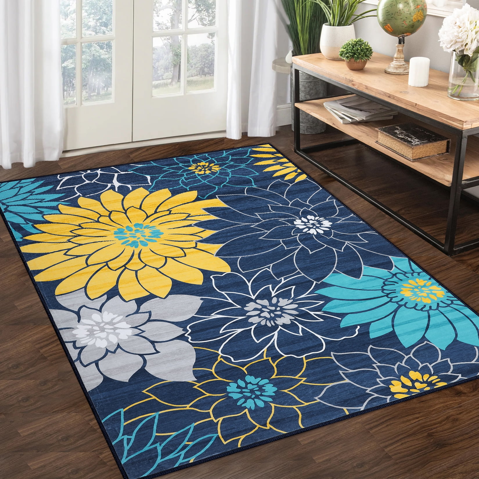 GlowSol 4x6 Floral Rug Modern Washable Area Rug Soft Non Slip Non ...