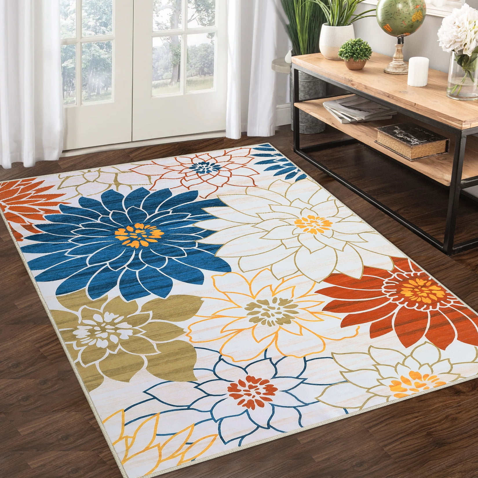 GlowSol 4x6 Floral Rug Modern Washable Area Rug Soft Non Slip Non ...
