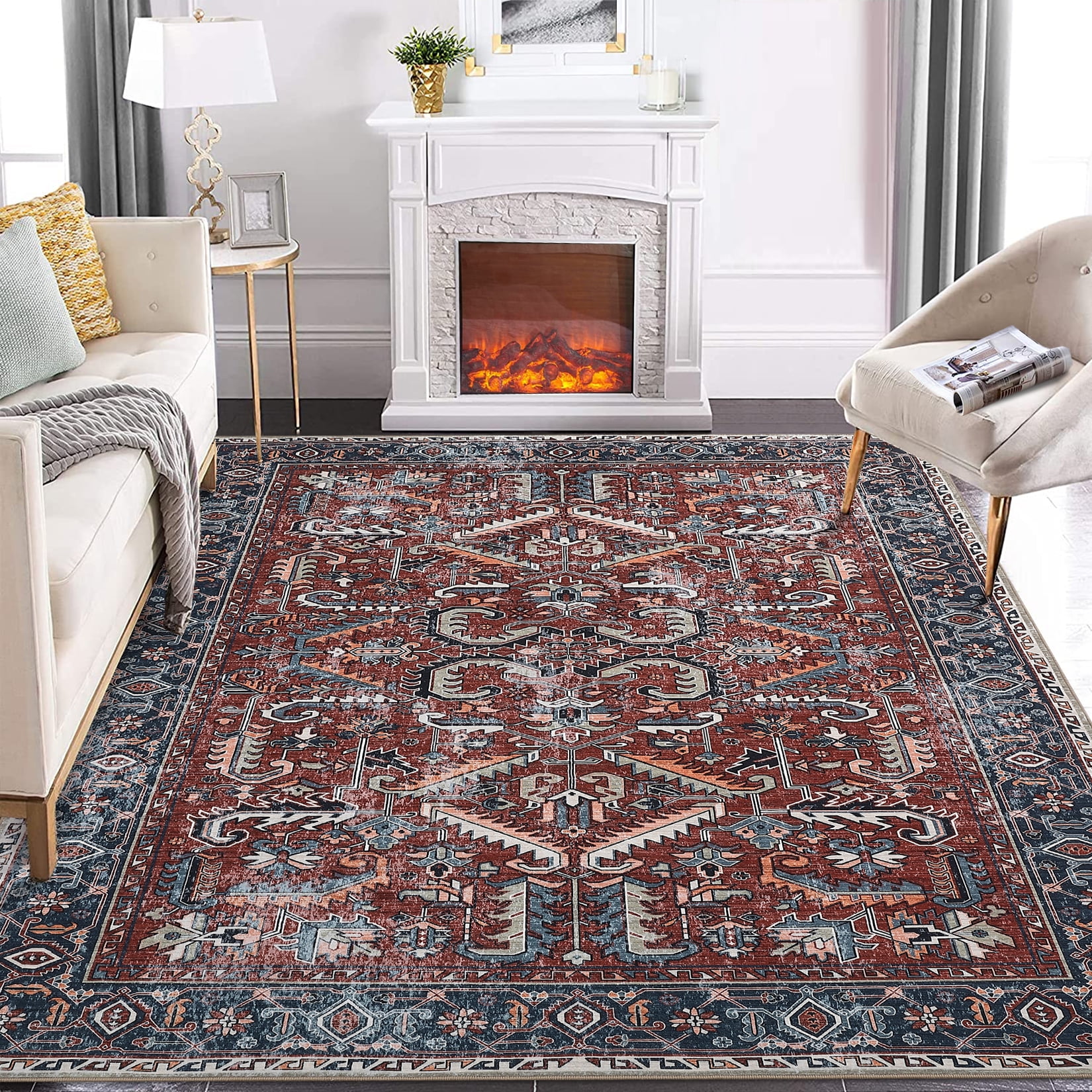 GlowSol 5' x 7' Washable Rug Vintage Farmhouse Rug Boho Print Rug Non ...