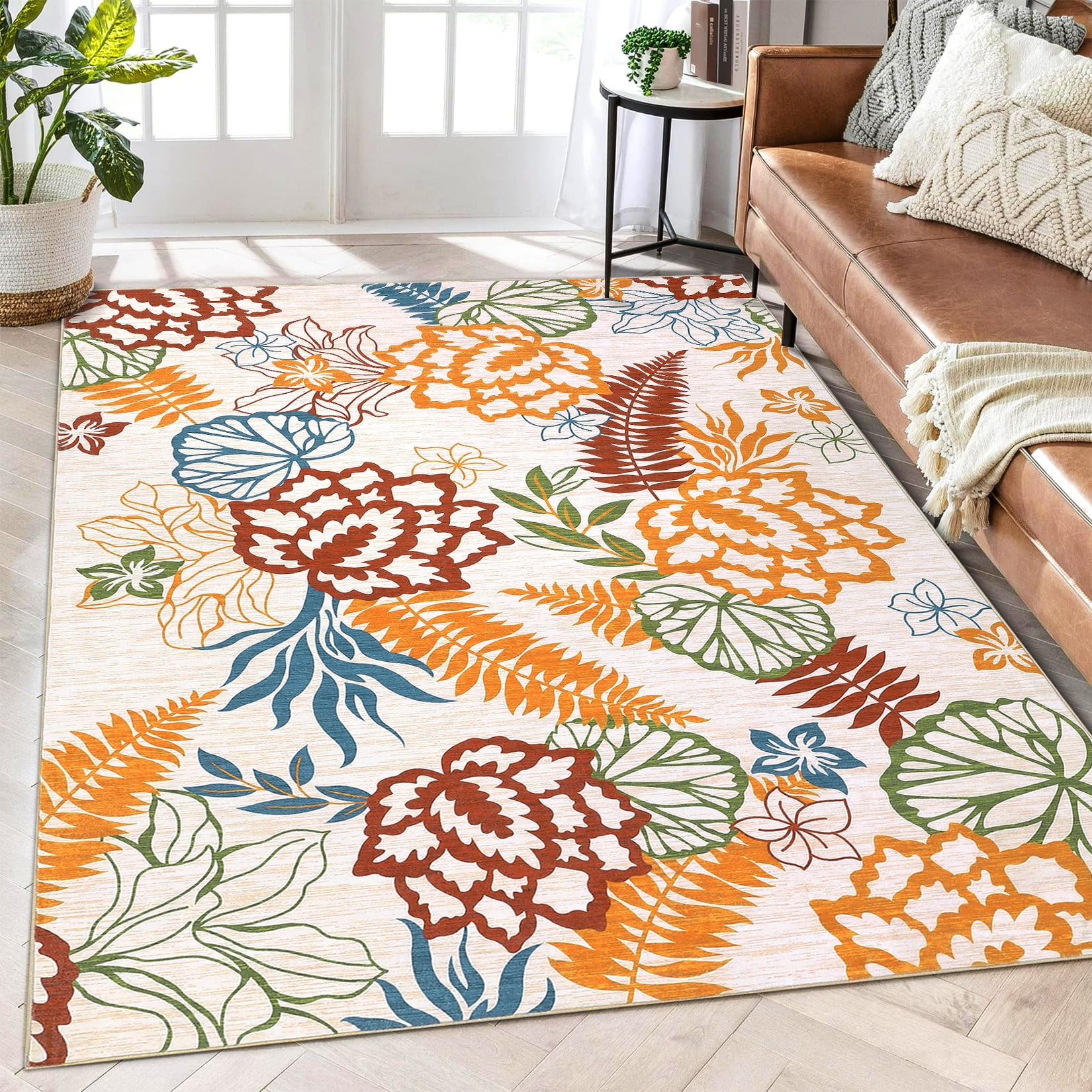 GlowSol 8' x 10' Area Rug Farmhouse Flower Leaf Rug Washable Living ...