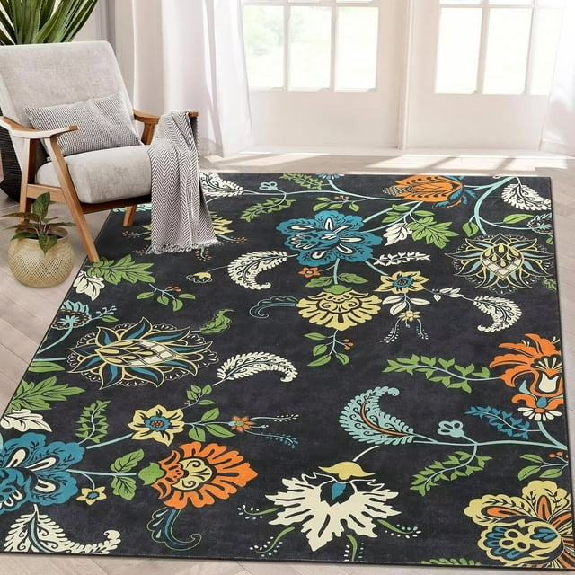 GlowSol 8x10 feet Machine Washable Area Rug Modern Floral Rug Vintage ...