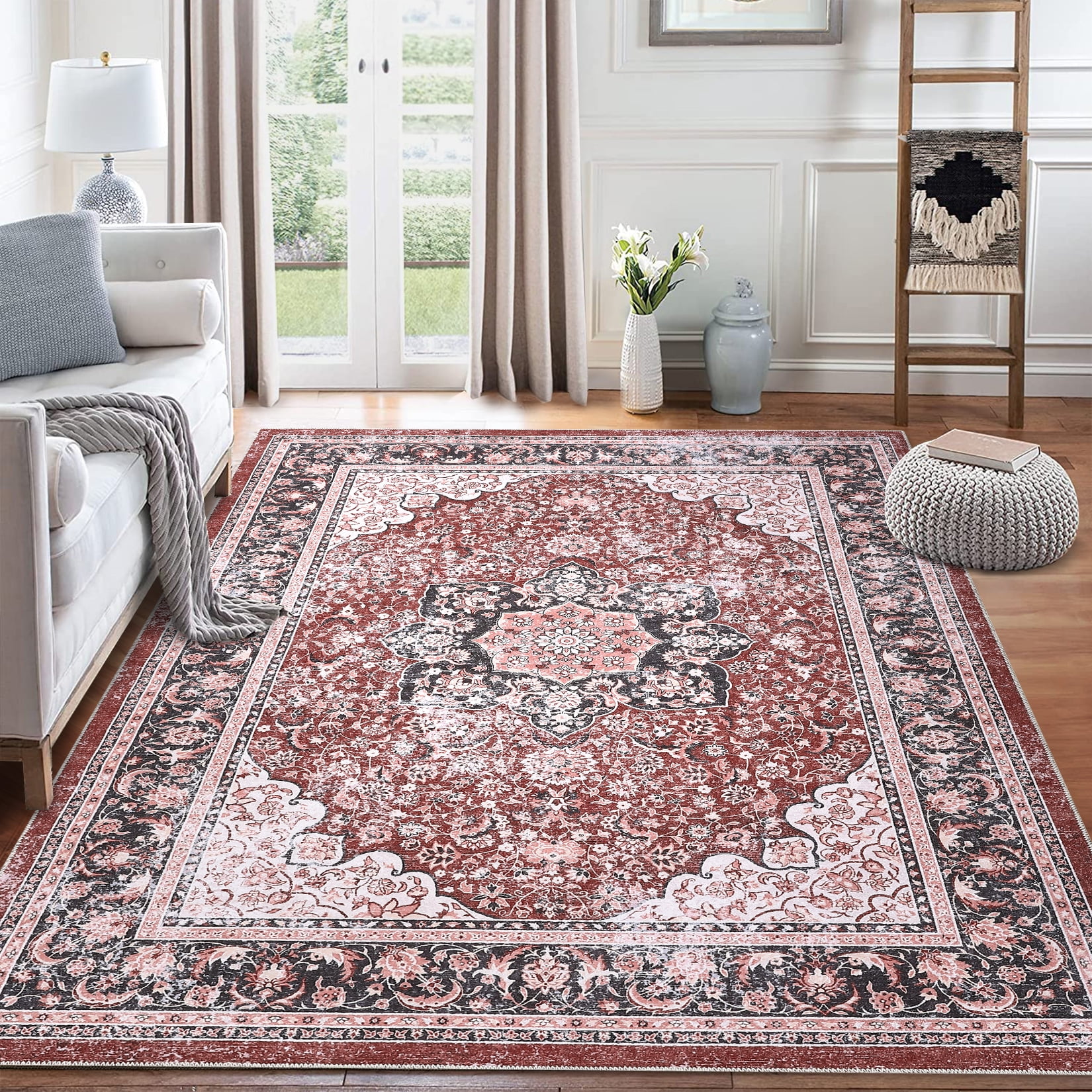 GlowSol 9'x12' Vintage Distressed Washable Rug, Persian Medallion ...