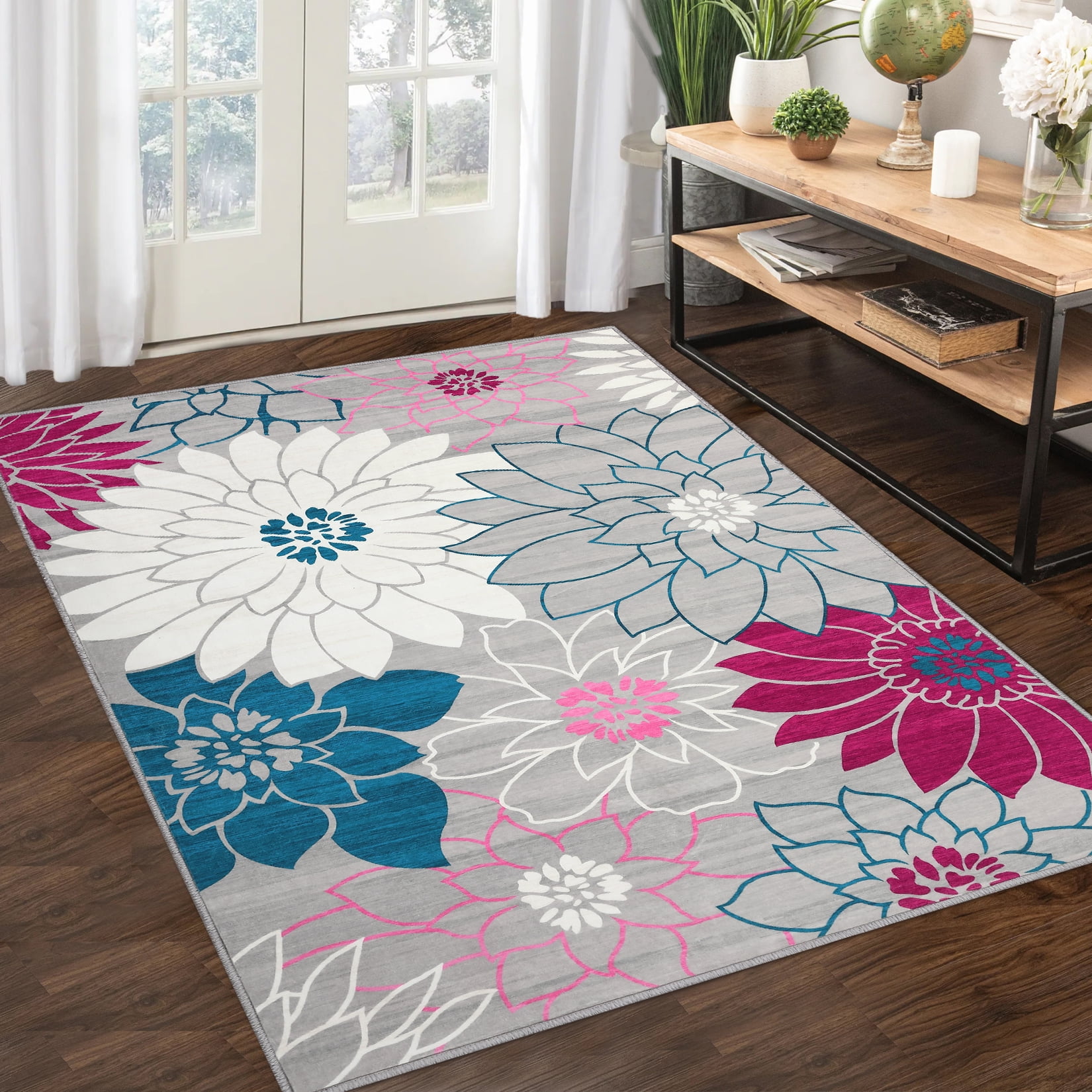 GlowSol 9x12ft Washable Large Area Rug Colorful Modern Floral Non Slip ...