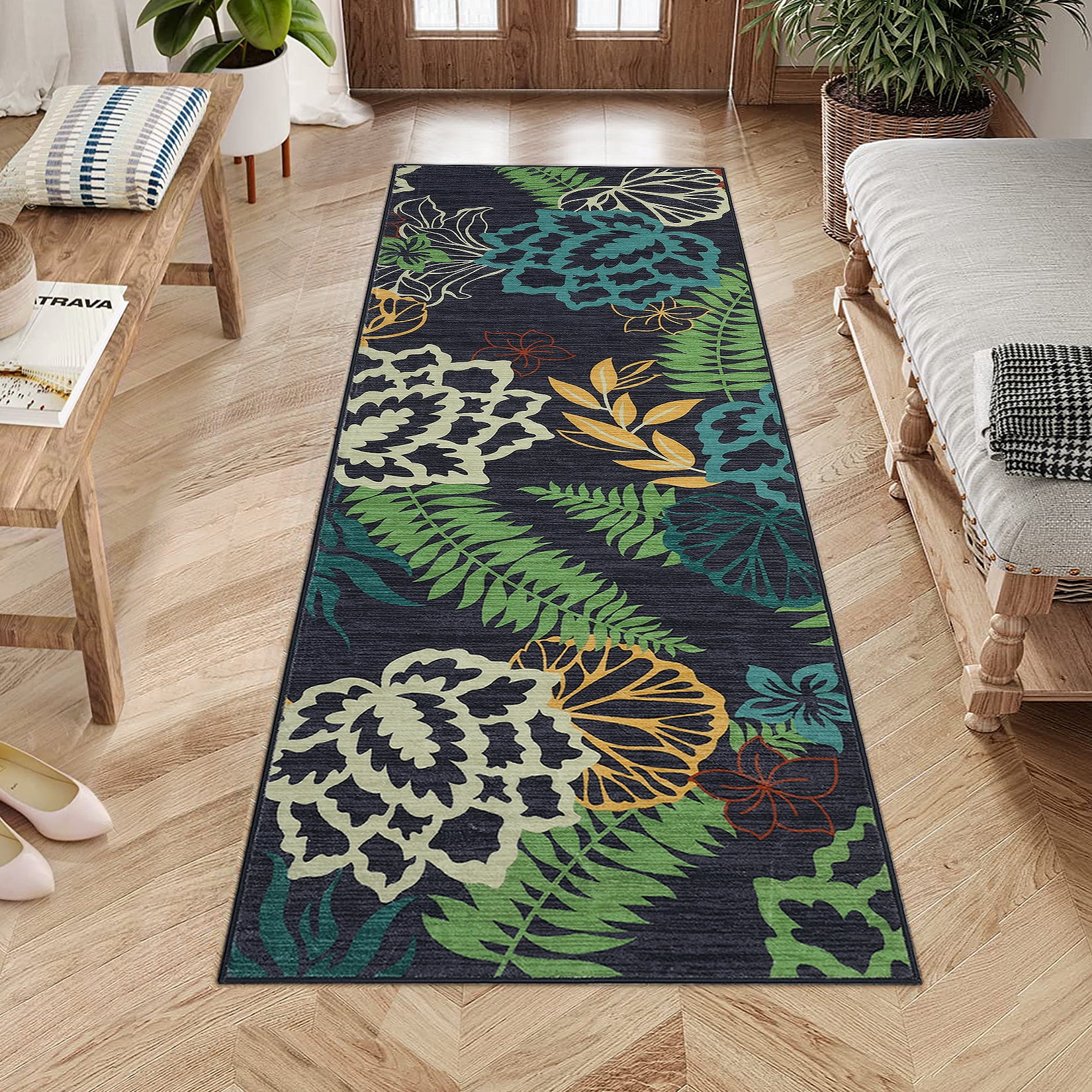 GlowSol Floral Runner Rug 2x6 Farmhouse Boho Flower Leaf Pattern Rug ...