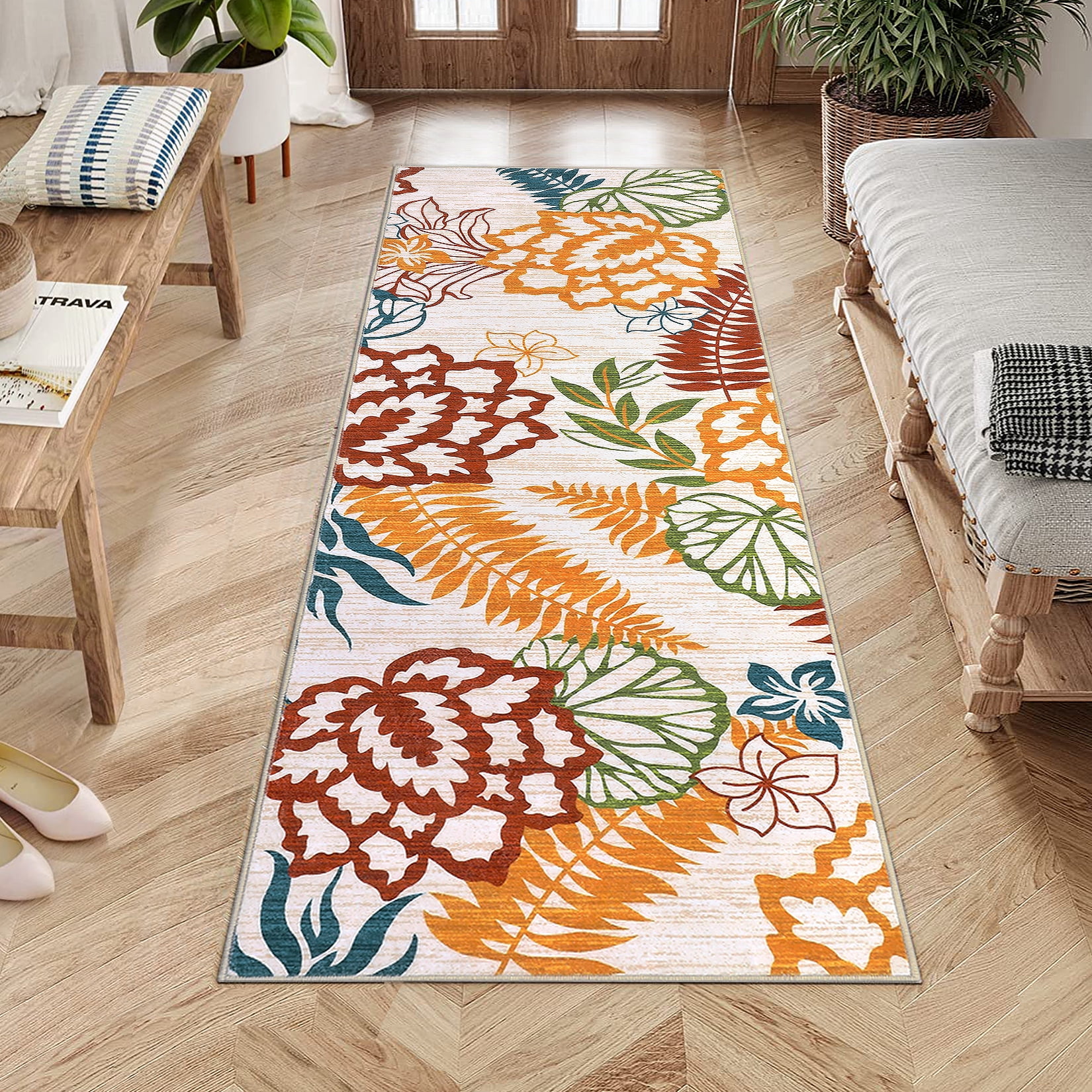 GlowSol Floral Runner Rug 2x6 Farmhouse Boho Flower Leaf Pattern Rug ...