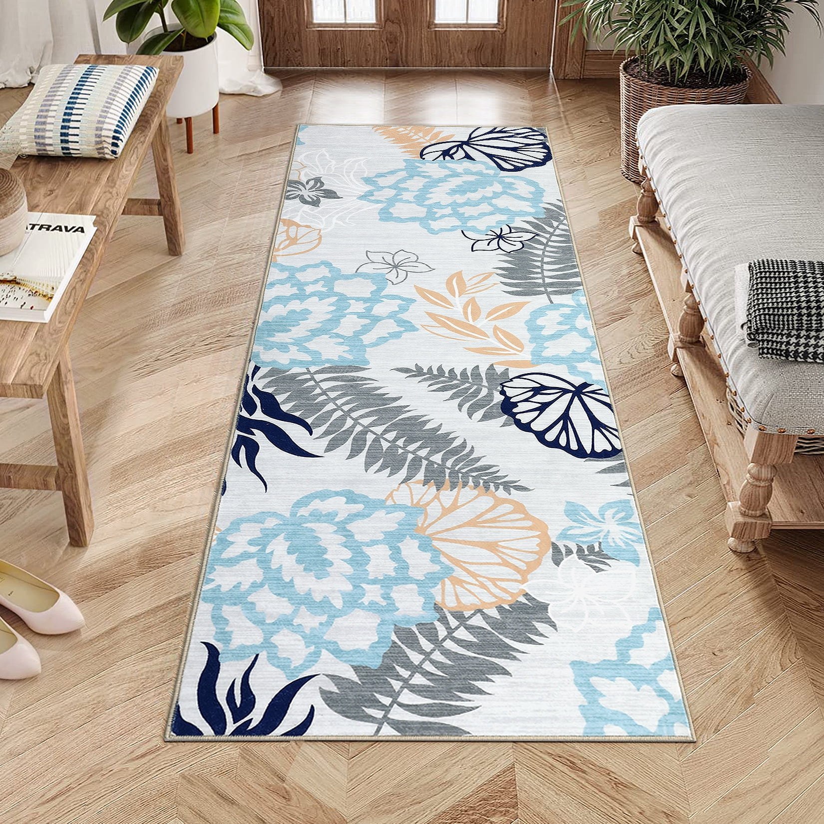 GlowSol Runner Rug 2' x 8' Farmhouse Boho Flower Leaf Pattern Rug Soft ...