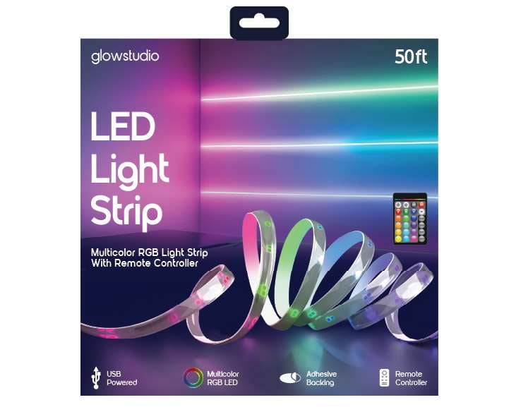 GlowStudio 50 ft RGB LED Strip Light, USB Powered with Remote ...