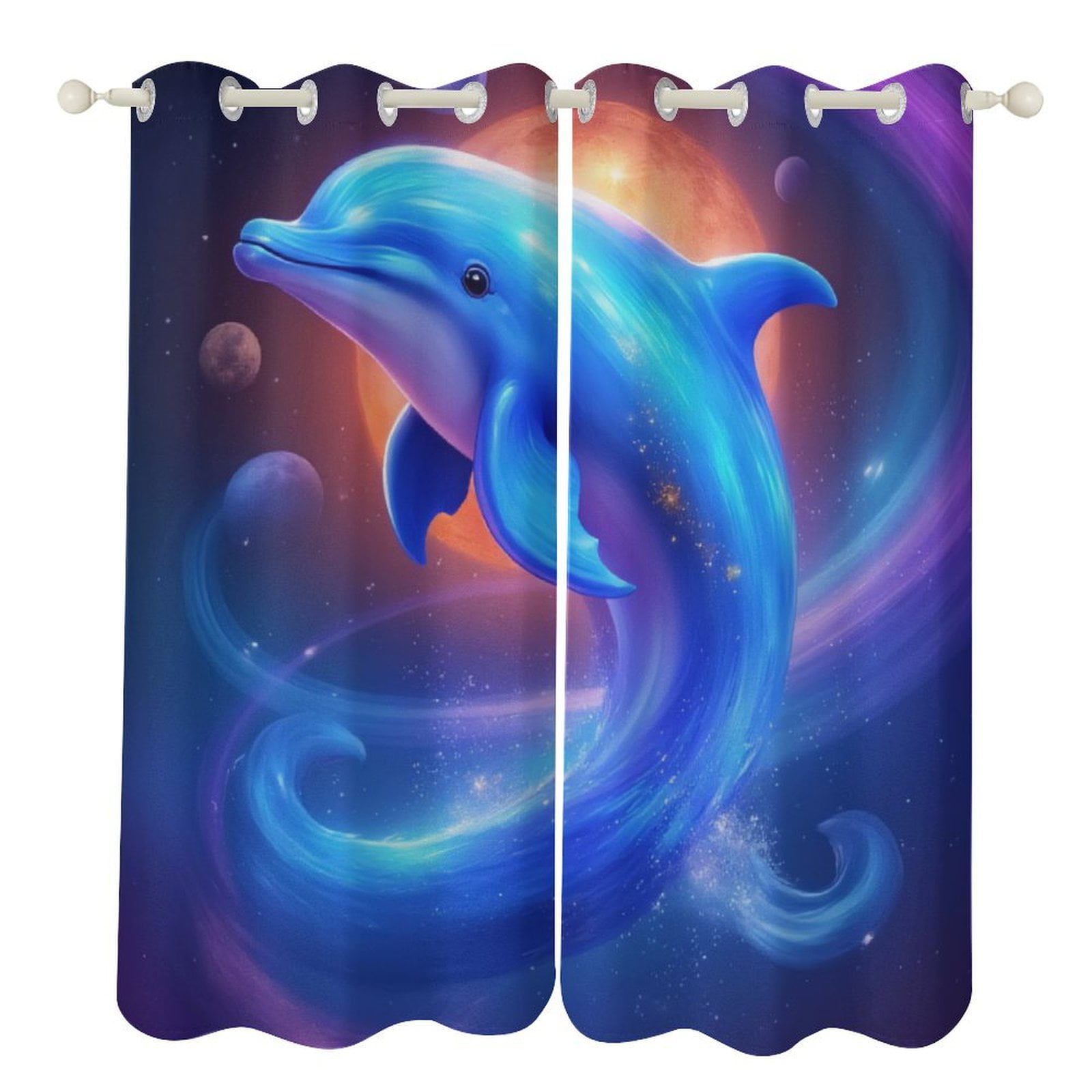 Glowing Blue Dolphin in Space 2 Panels 3D Printing Pattern Curtain for ...