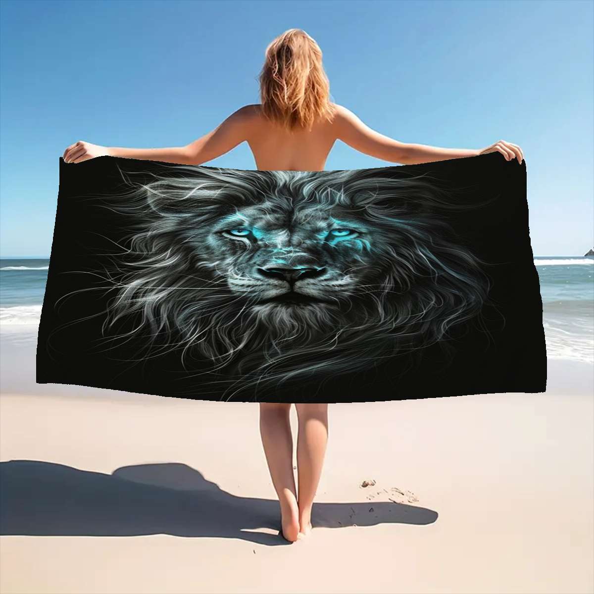 Glowing Blue-Eyed Lion Portrait Beach Towel Microfiber Quick Dry Towels ...