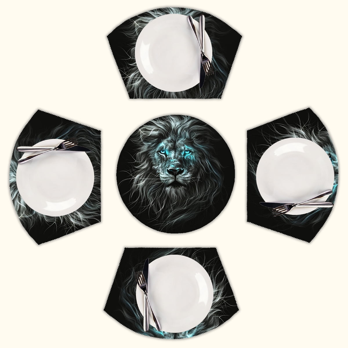 Glowing Blue-Eyed Lion Portrait Round Table Placemats Set Of 5 Wedge ...