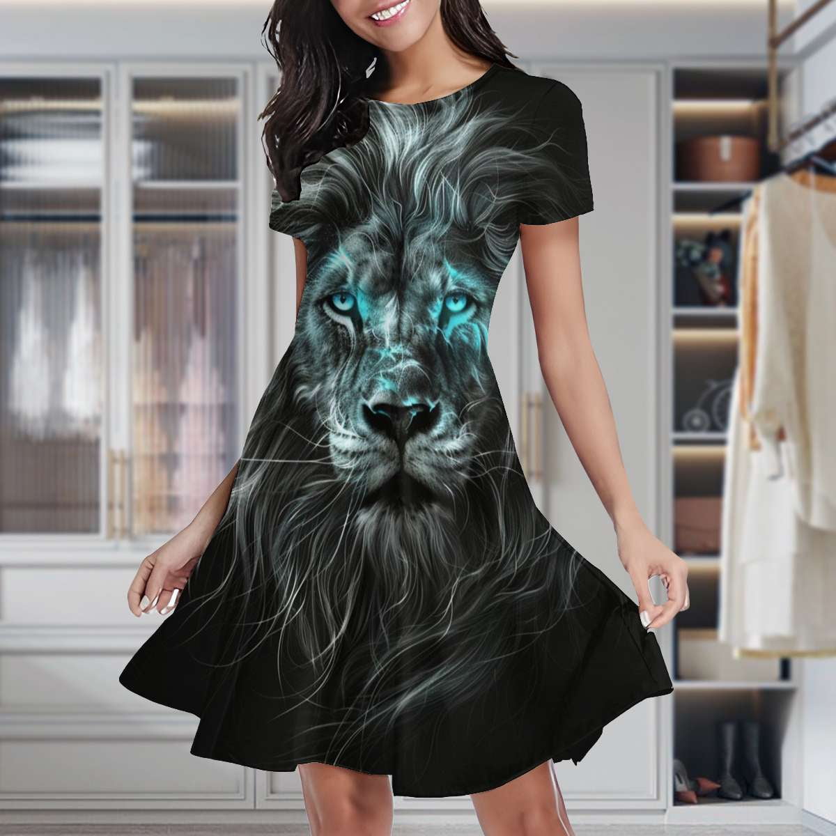 Glowing Blue-Eyed Lion Portrait Women's Classic Swing Skater Dress ...