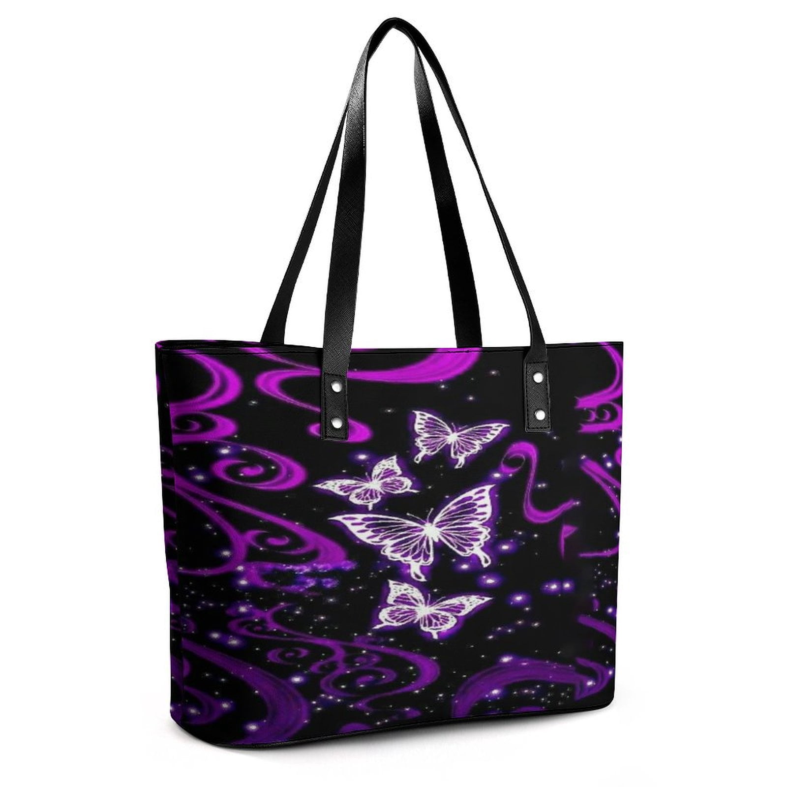 Glowing Butterfly Purple Background Woman Leather Handbags Large Tote ...