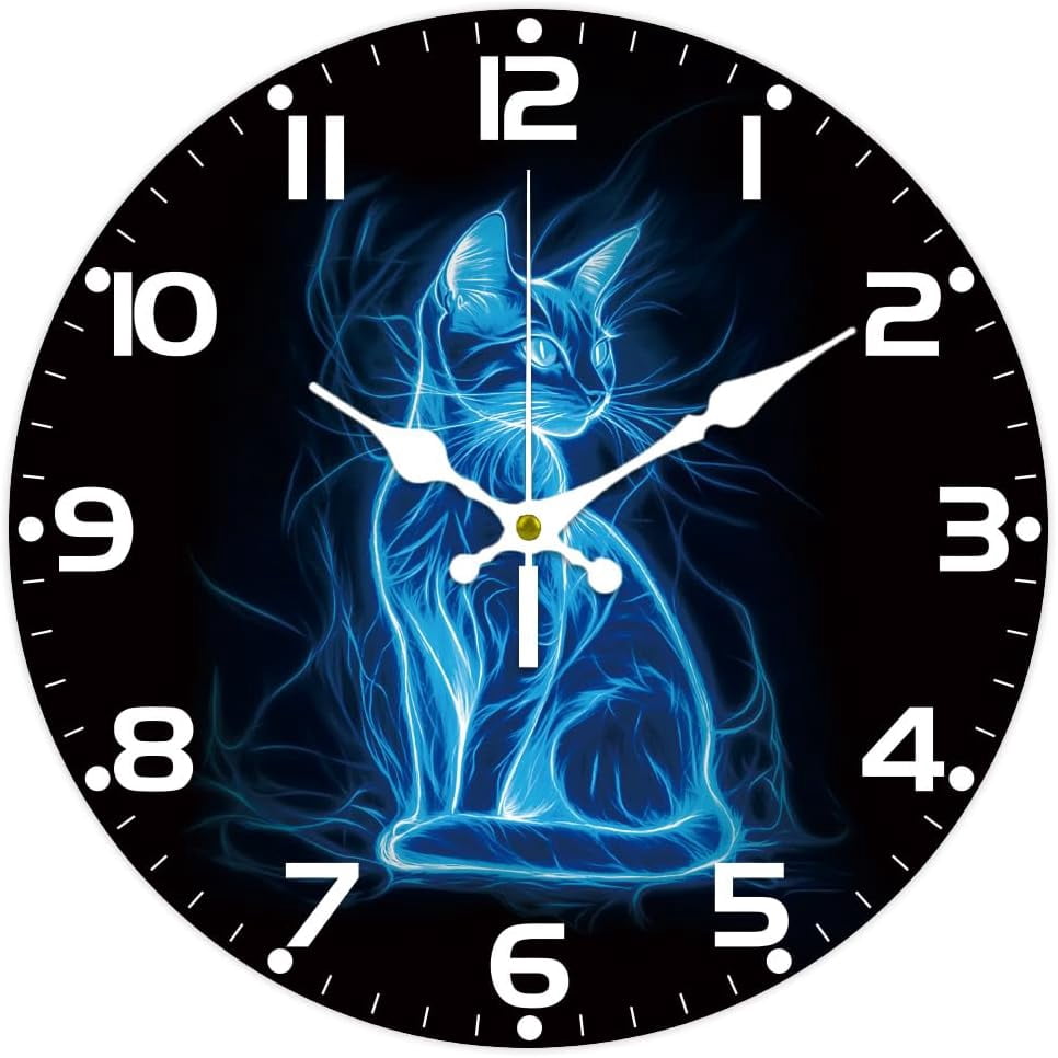 Glowing Cat Wall Clock Fluorescent Non-Ticking Clock 12 Inch Round ...