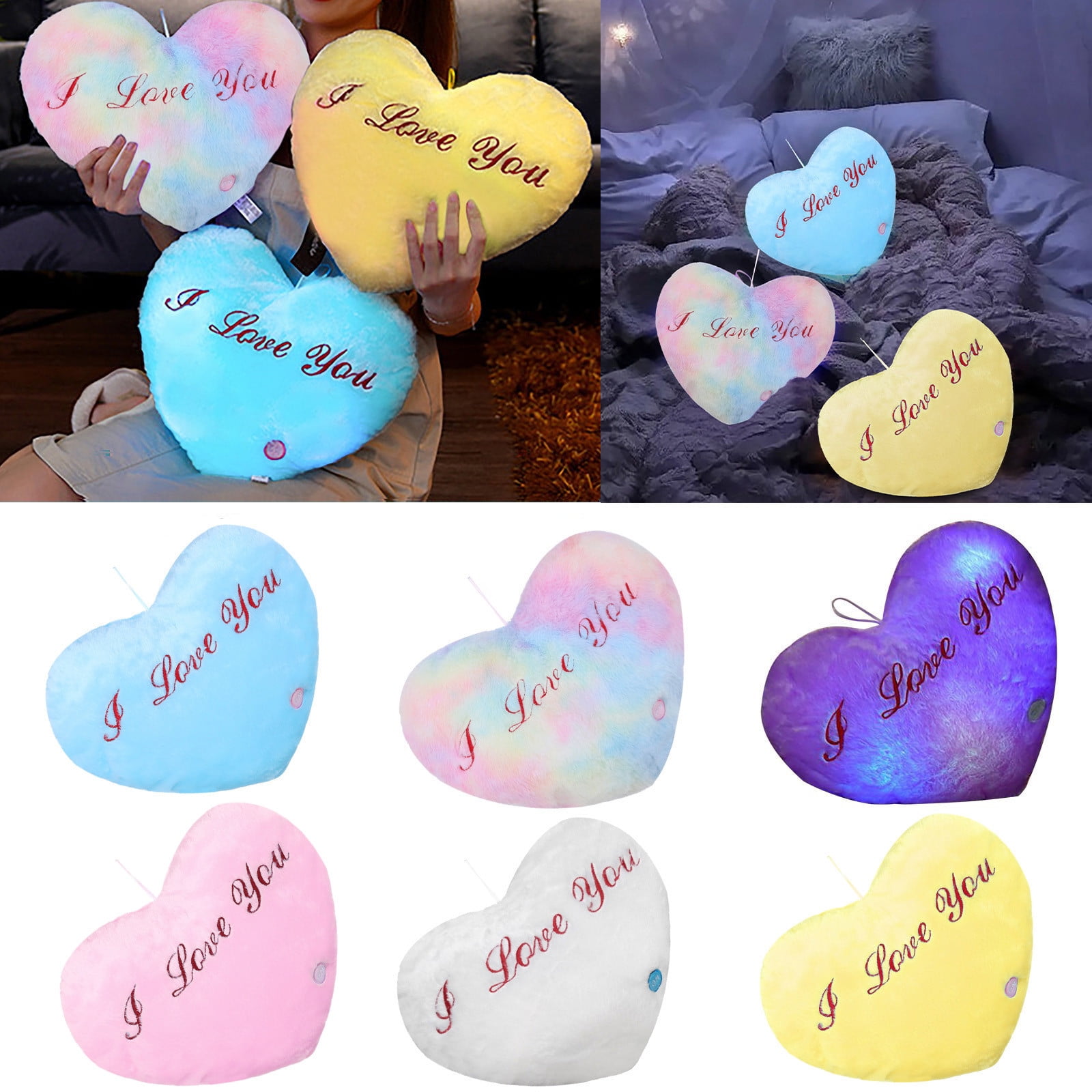 Glowing Changing Throw Up Soft 7 Day Heart Pillows LED Light Color ...