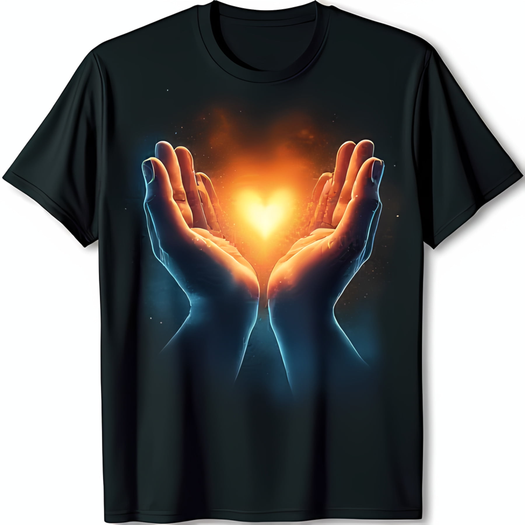 Glowing Heart in Cupped Hands T-Shirt Dark Blue with Starry Design ...