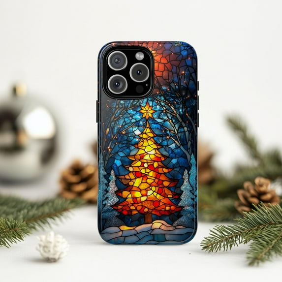 Glowing Holiday Tree Phone Case Faux Stained Glass with iPhone 17 ...