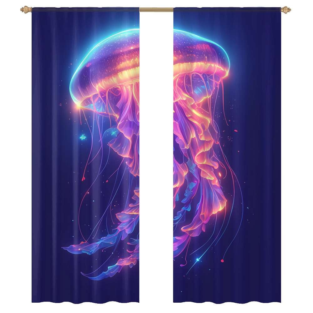 Glowing Jellyfish Floating In Sea Sheer Voile Curtain Window Tulle ...