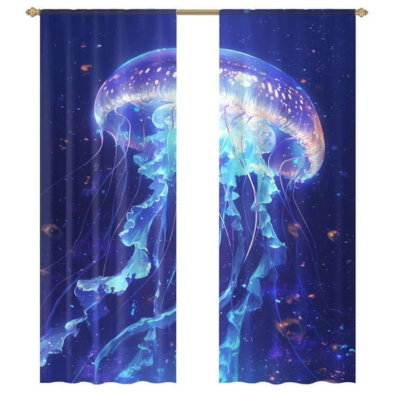 Glowing Jellyfish Floating In Sea Sheer Window Curtains for Living Room ...