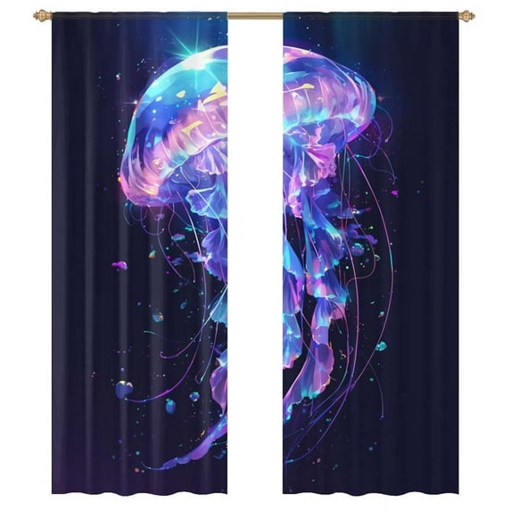 Glowing Jellyfish Floating In Sea Sheer Window Curtains for Living Room ...