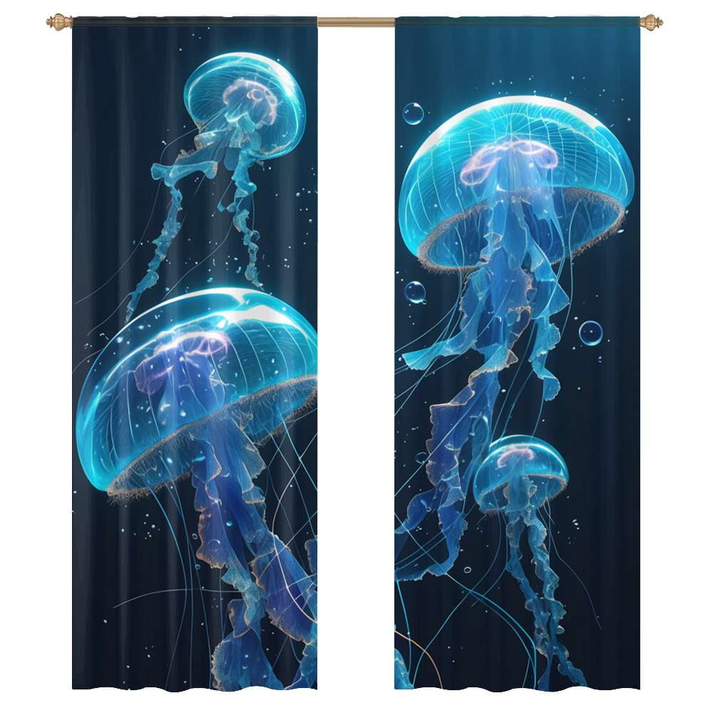 Glowing Jellyfish Floating In Sea Tulle Curtains For Living Room ...