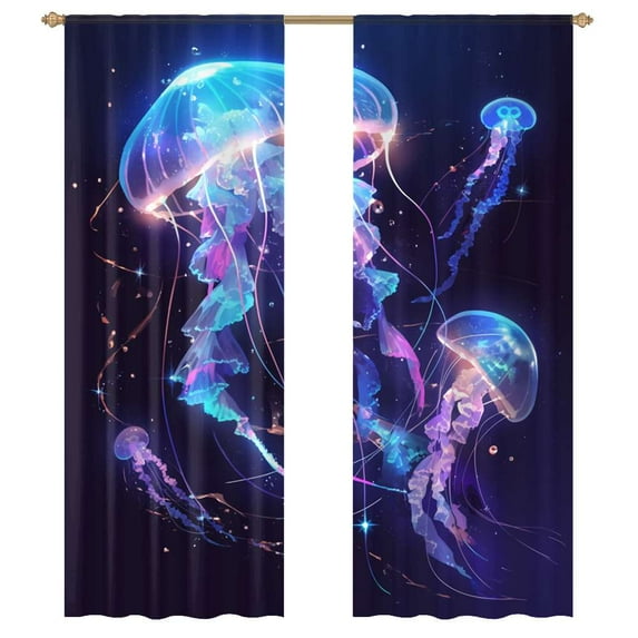 Glowing Jellyfish Floating In Sea Tulle Curtains For Living Room ...