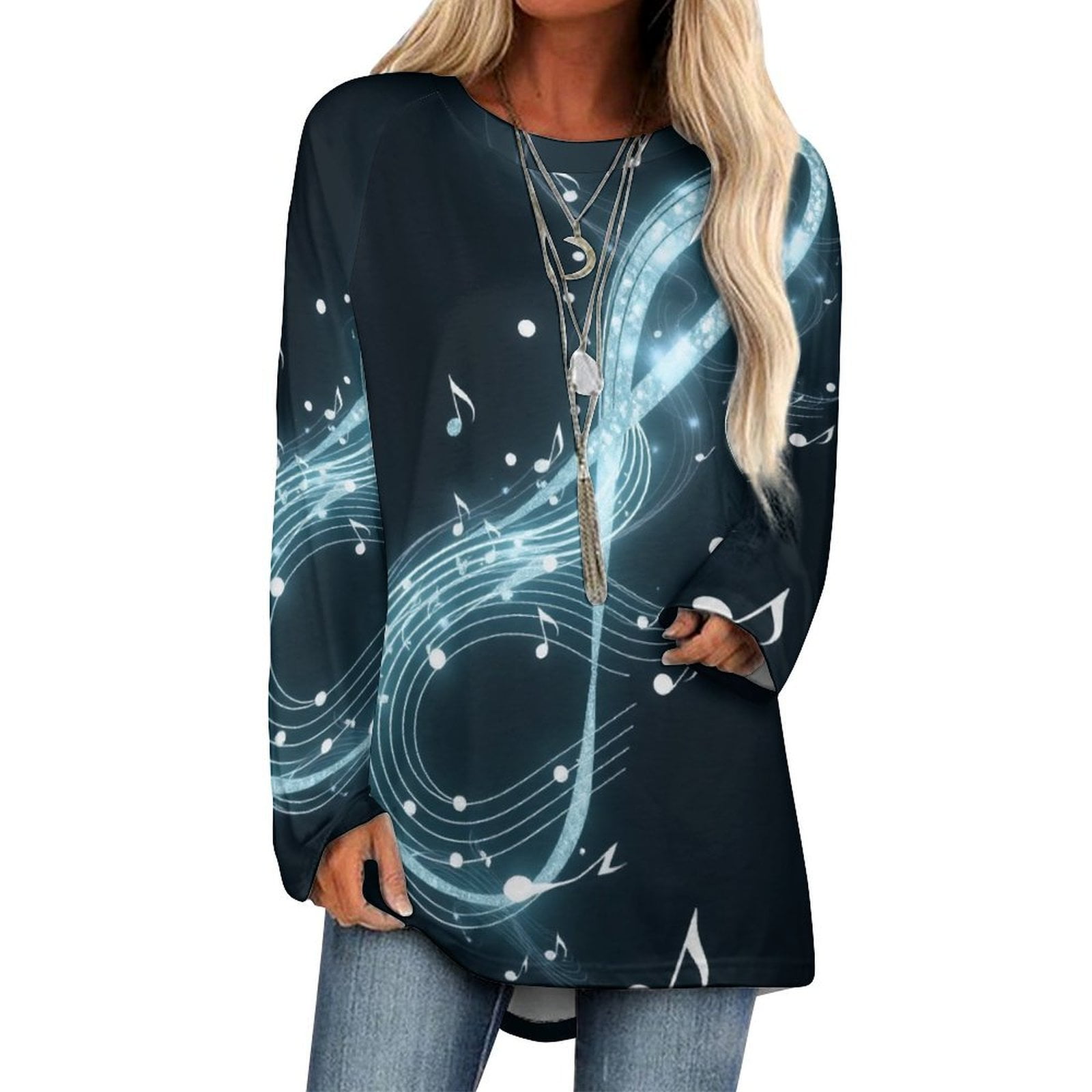 Glowing Musical Notes 3D Print Women Long Sleeve T Shirt Oversized ...