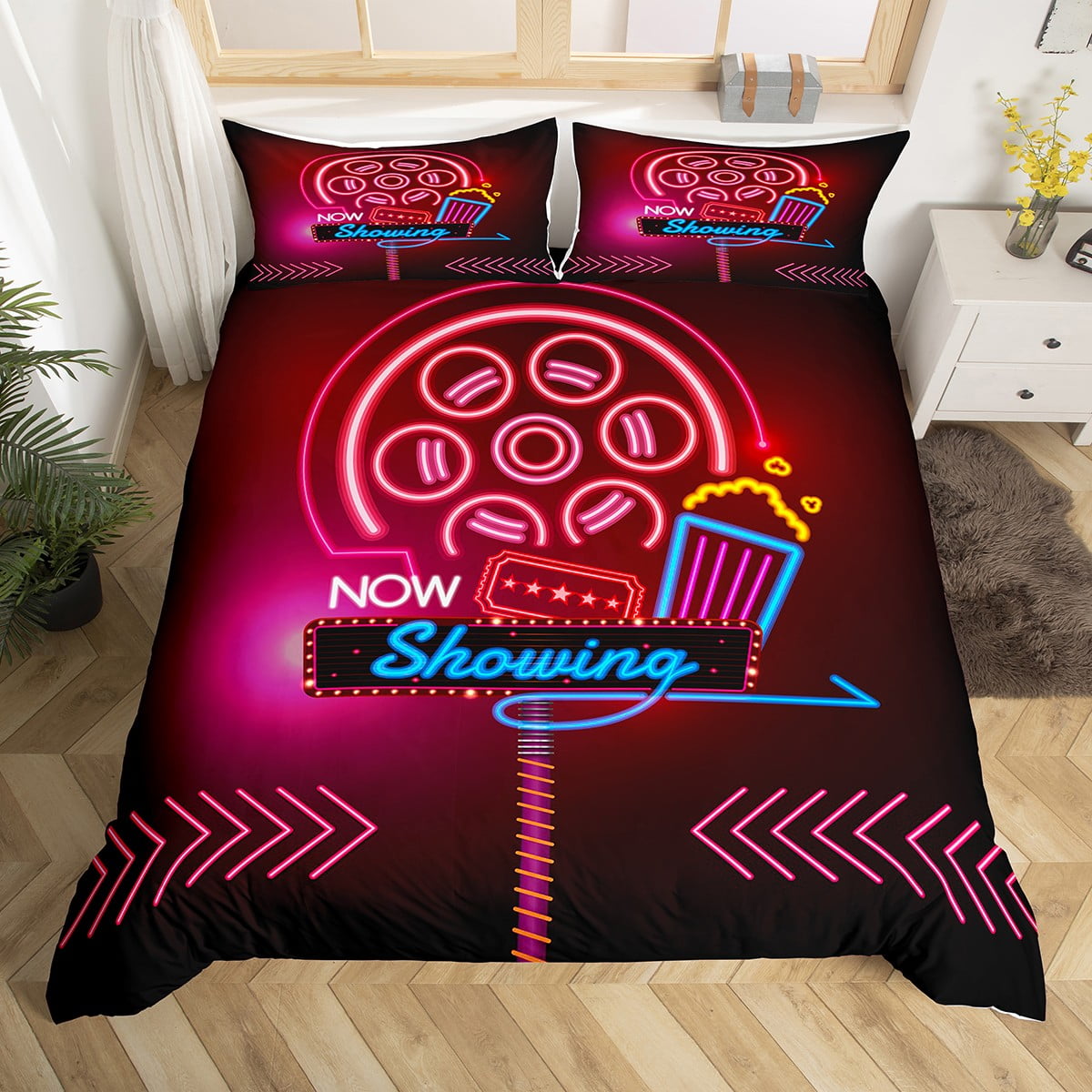 Glowing Neon Cinema Comforter Cover Queen Neon Home Movie Theater Duvet ...