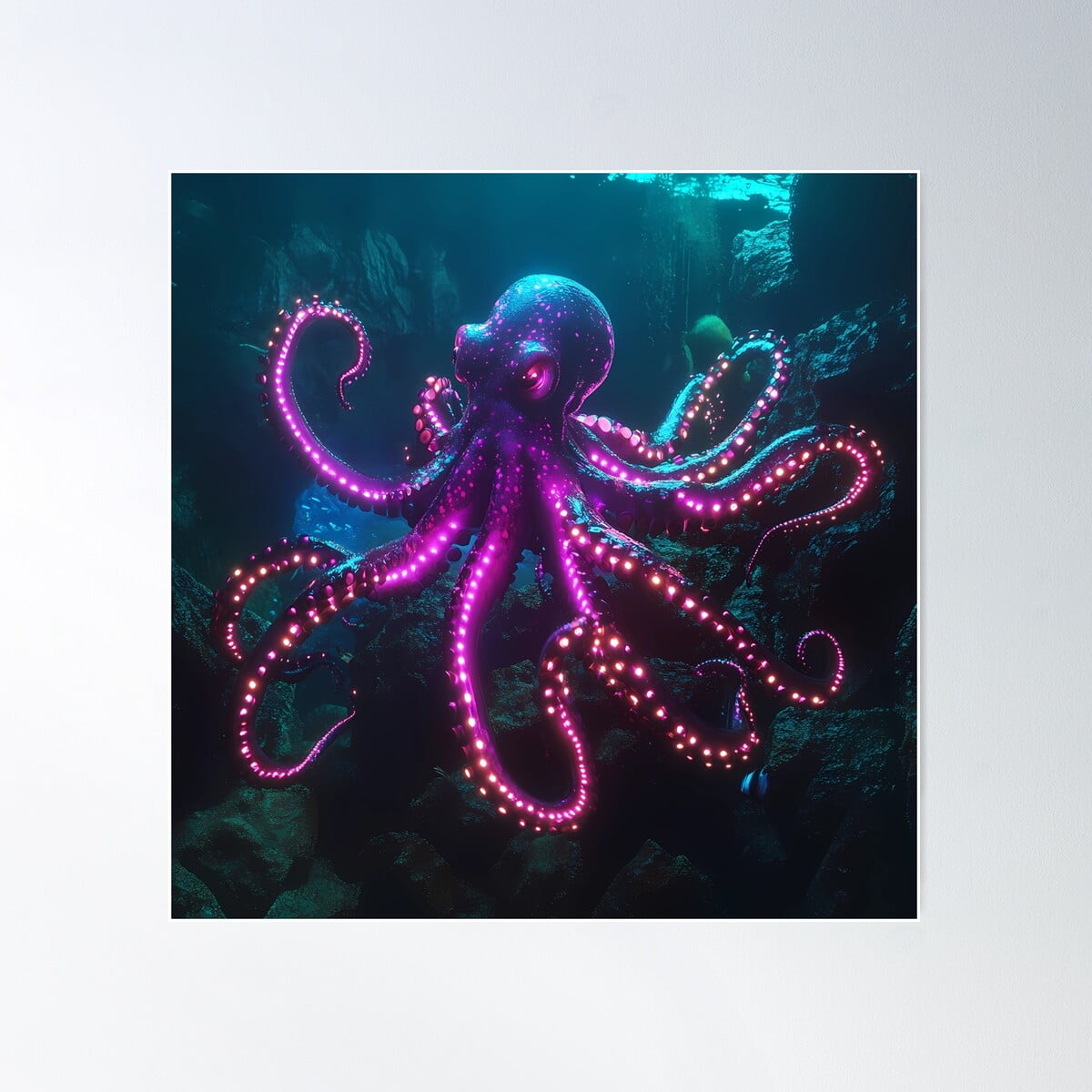 Glowing Neon Octopus In Deep Sea Fantasy Poster Wall Art, Modern Wall ...