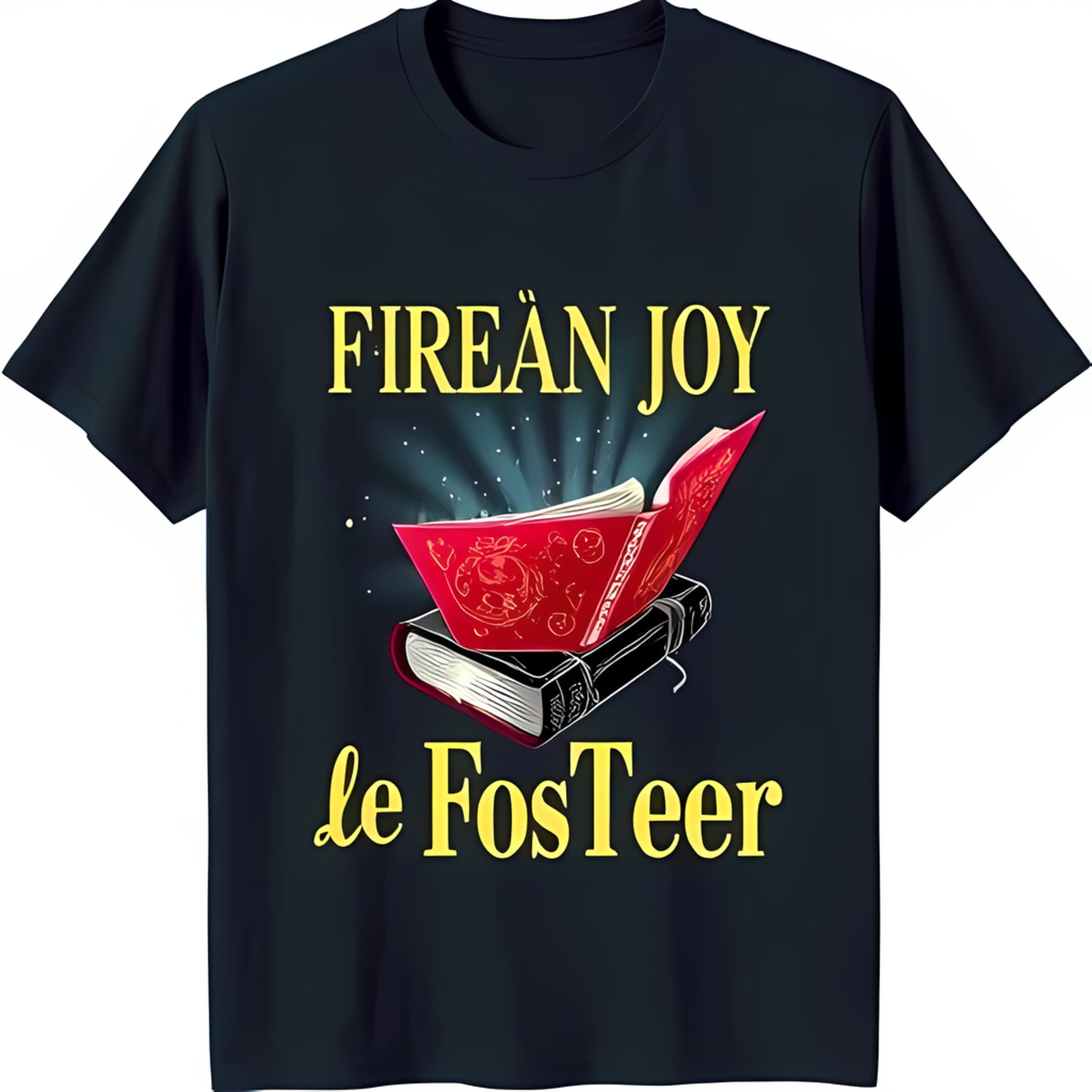 Glowing Red Book Design on Dark Blue T-Shirt 'Fíreán Joy le FosTeer ...
