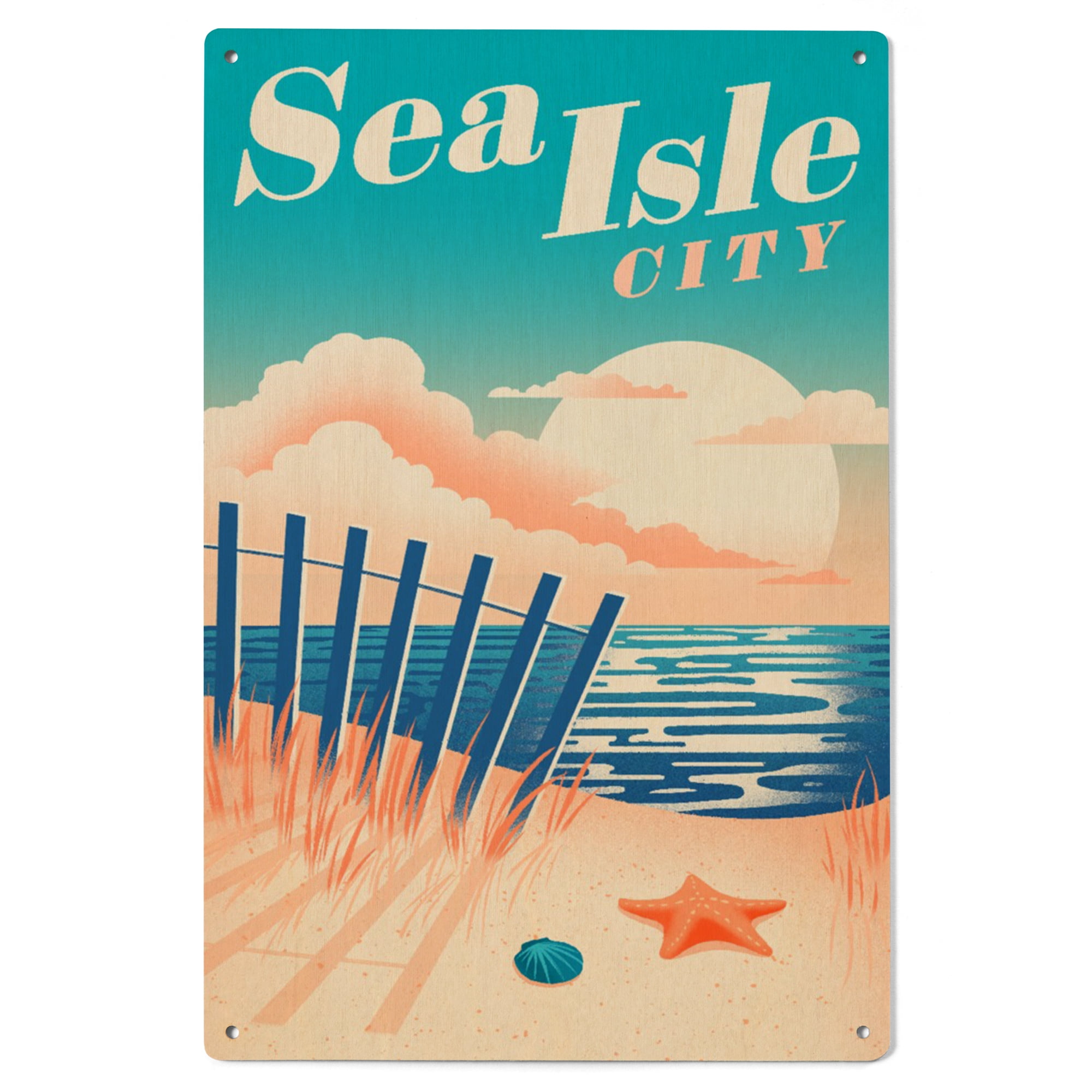 Glowing Shore, Beach Scene, Sea Isle City Birch Wood Wall Sign (6x9 ...