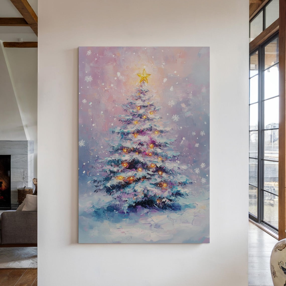 Glowing Snowy Tree Painting – Winter Holiday Wall Art Print With Star ...