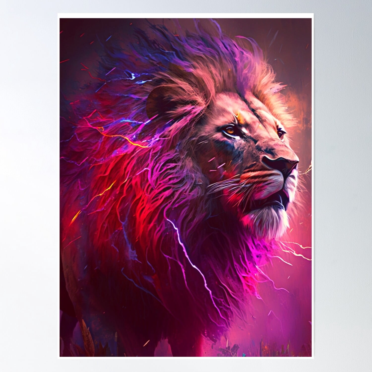Glowing Sovereign: The Neon Lion Ruling The Forest Poster Wall Art ...