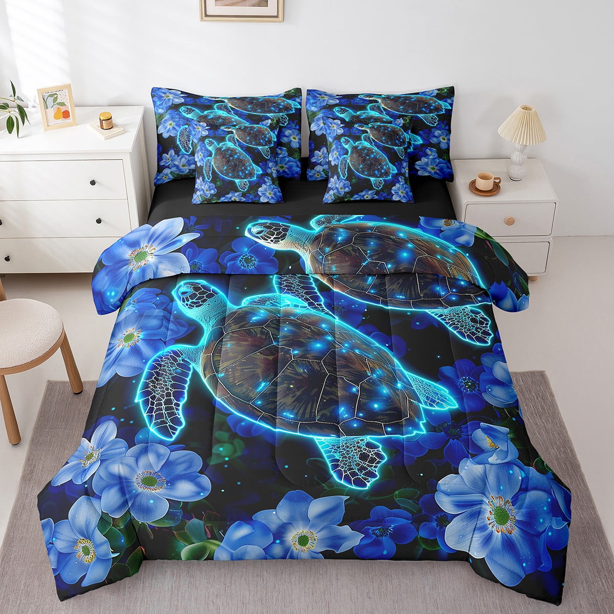 Glowing Teal Sea Turtle Twin Size Comforter Set - Bedding Set Twin 7 ...