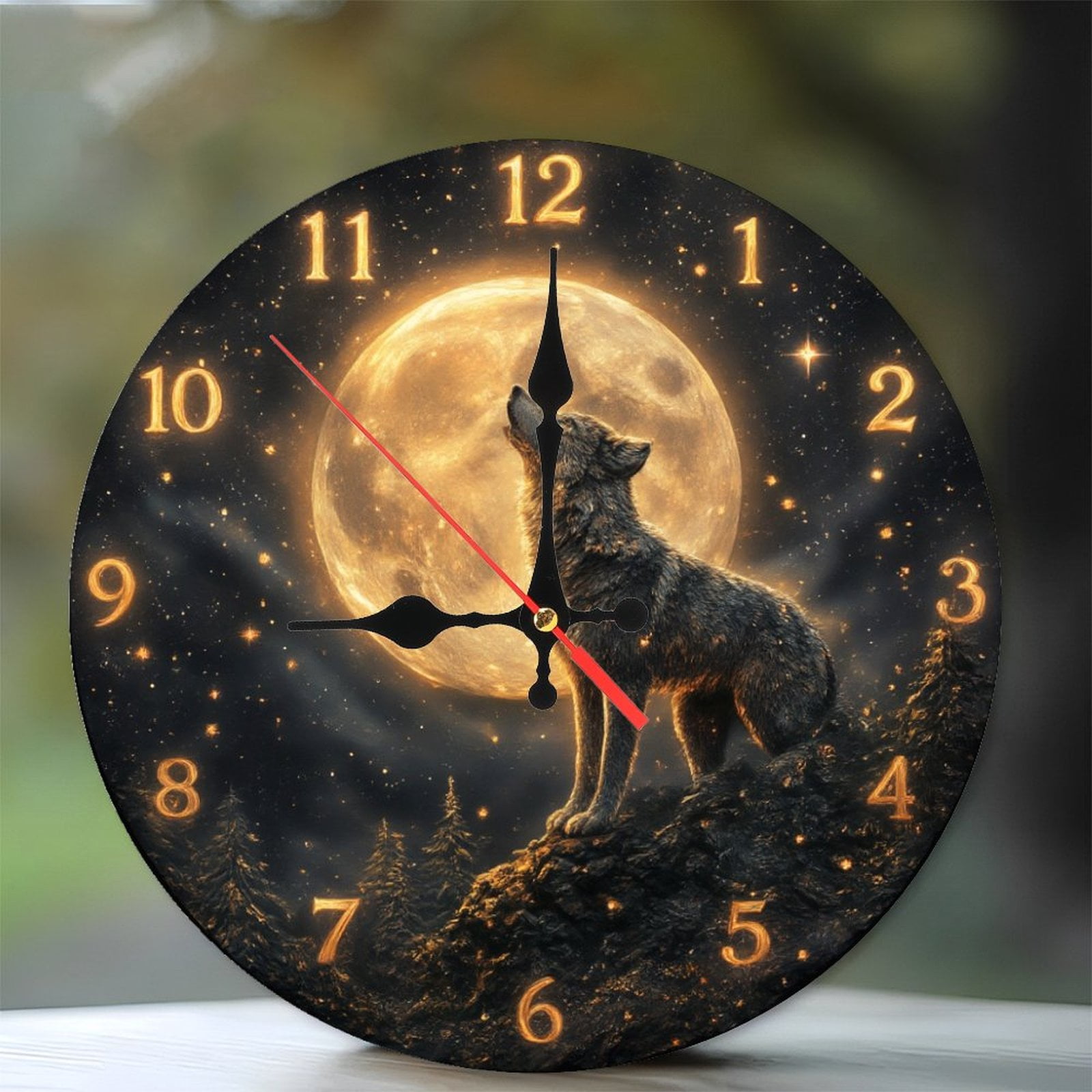 Glowing Wolf Howling Moon Clock Wall Art Home Decor 10-Inch Silent ...