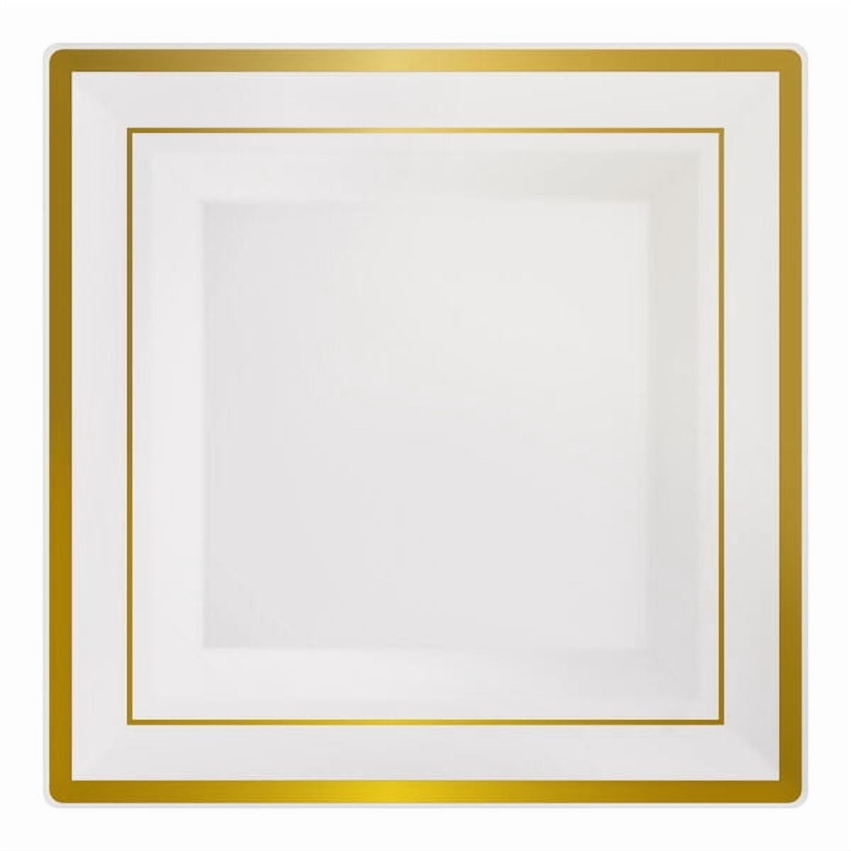 Glownary Halo Square Plastic Plates, 10 Inch, Ivory with Gold Bands ...