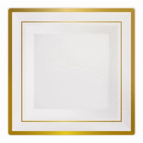 Glownary Halo Square Plastic Plates, 10 Inch, Ivory with Gold Bands ...