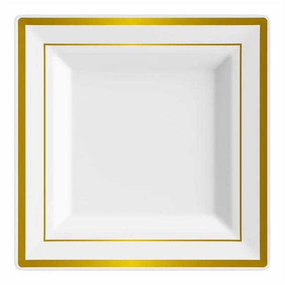 Glownary Halo Square Plastic Plates, 8 Inch, White with Gold Bands, BPA ...