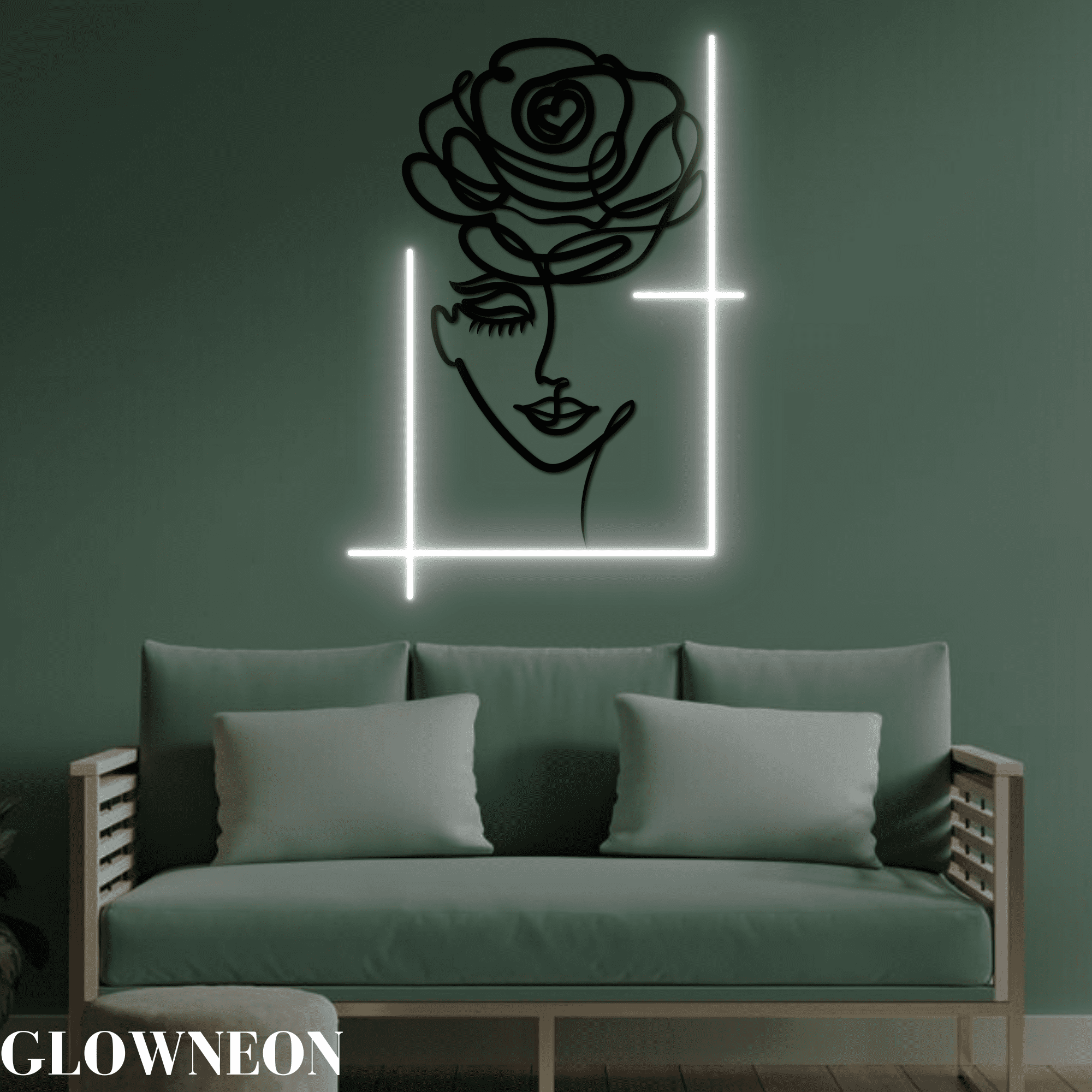 Glowneon Abstract Face Girl With Flower Wall Art Led Light, Home Deco ...