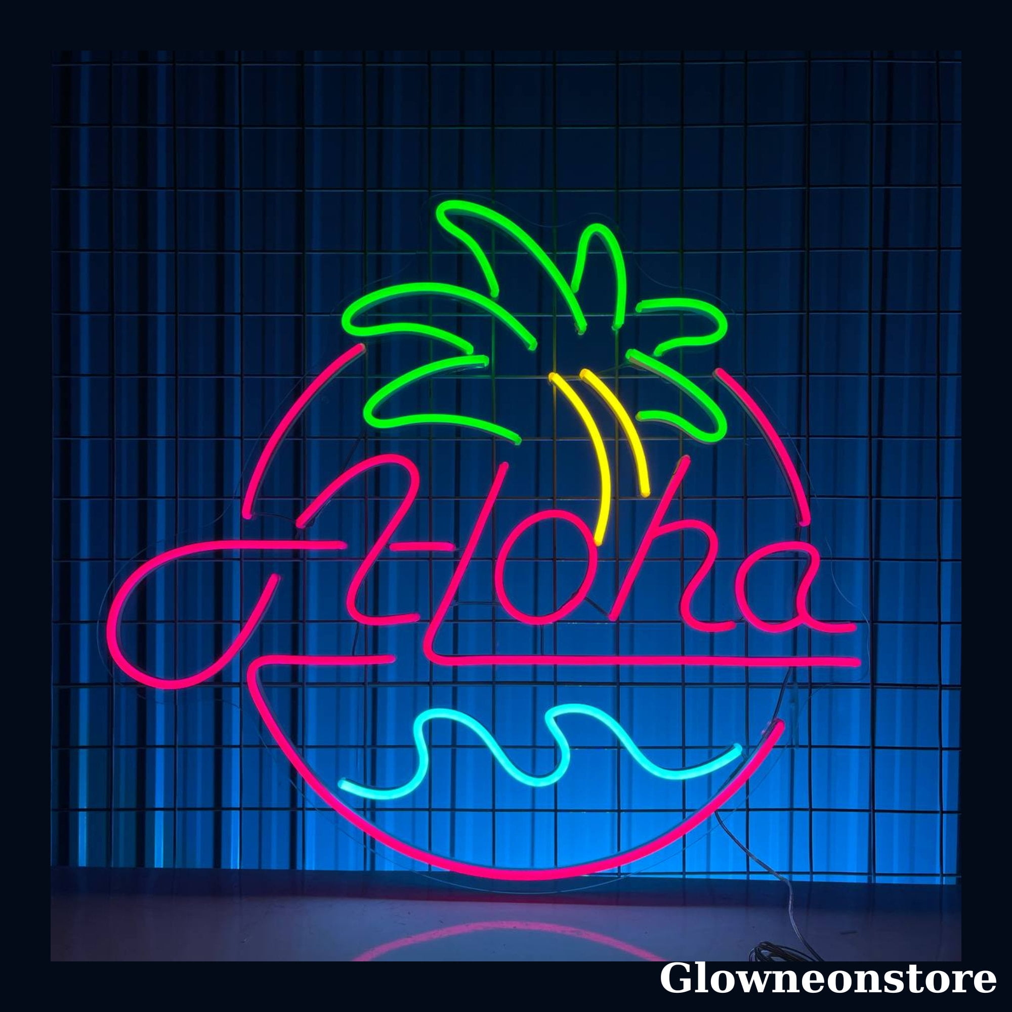 Glowneon Aloha Neon Sign, Palm Tree Led Sign, Beach Bar Decor, Sun Wave ...