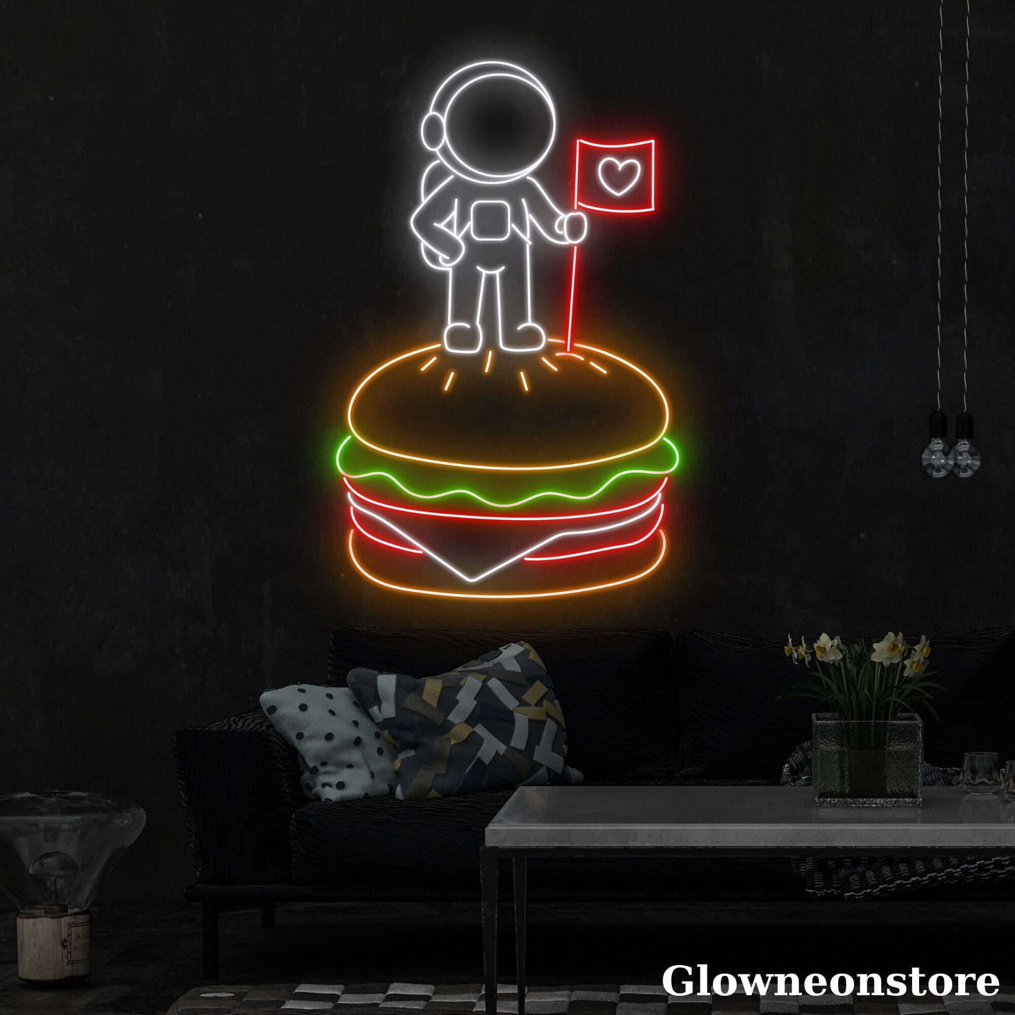 Glowneon Astronaut On The Hamburger Neon Sign, Hamburger LED Sign ...