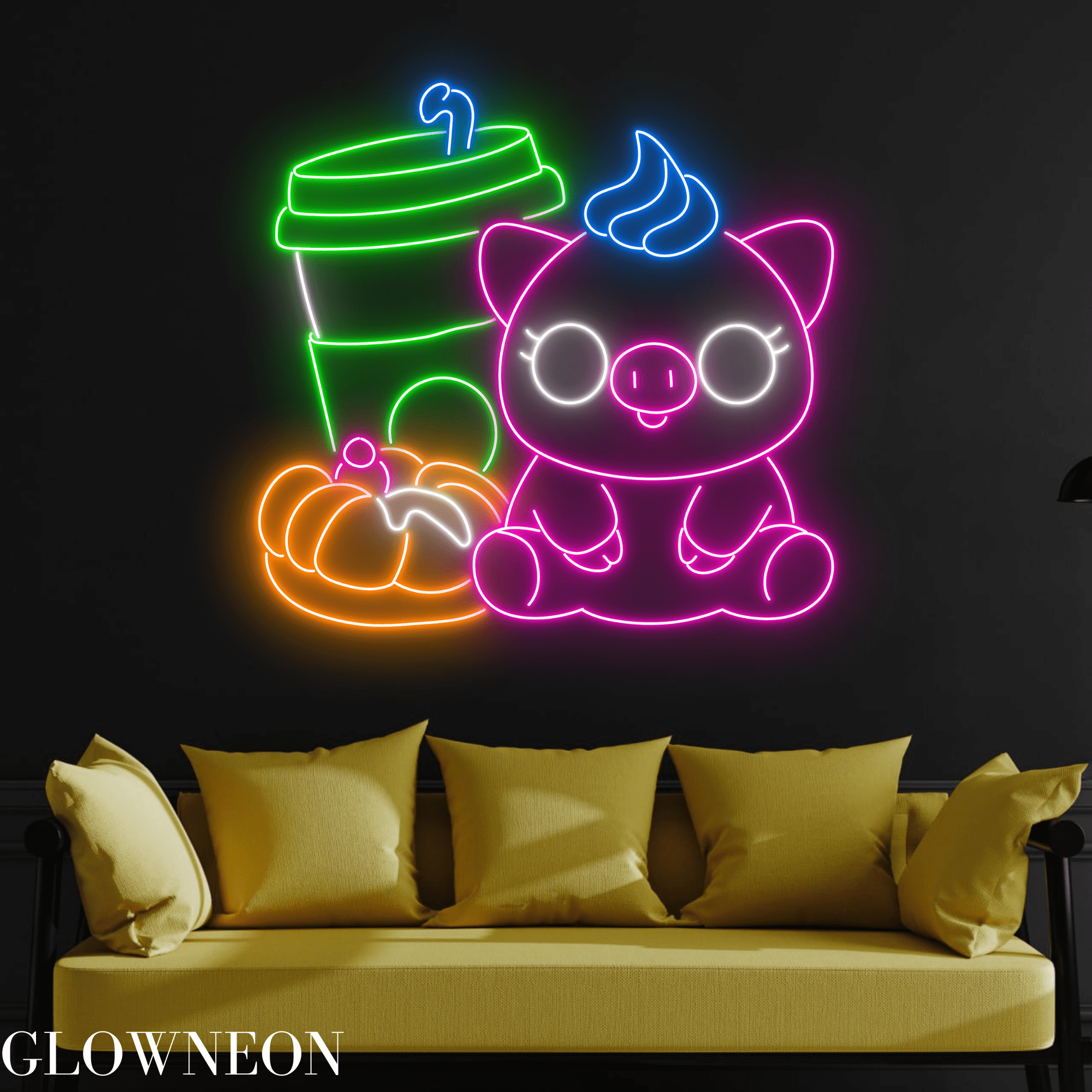 Glowneon Baby Pig Coffee Cake Neon Sign, Coffee And Bakery Led Sign ...