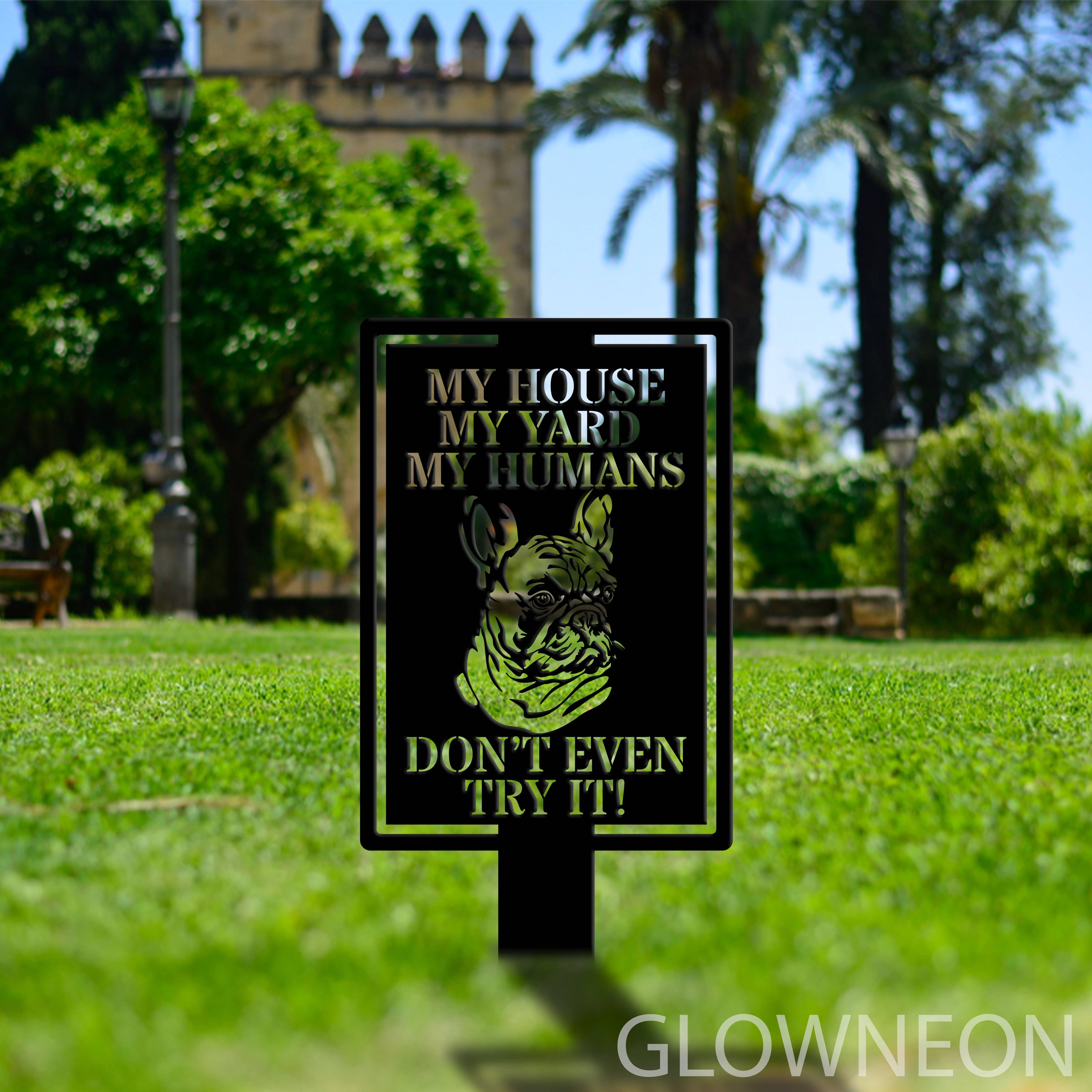 Glowneon Backyard Warning French Bulldog Metal Yard Stake Garden Sign ...